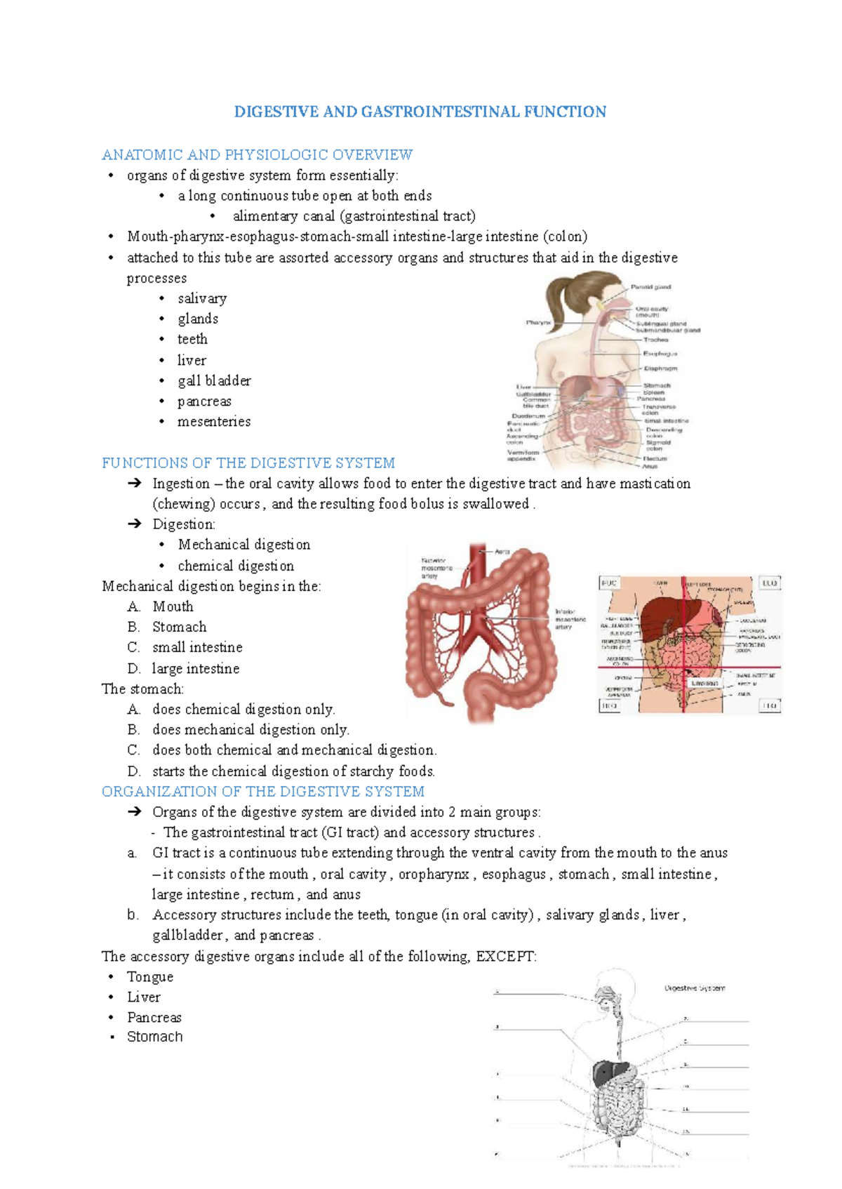 DIGESTIVE AND GASTROINTESTINAL FUNCTION: AN ANATOMIC AND PHYSIOLOGIC ...