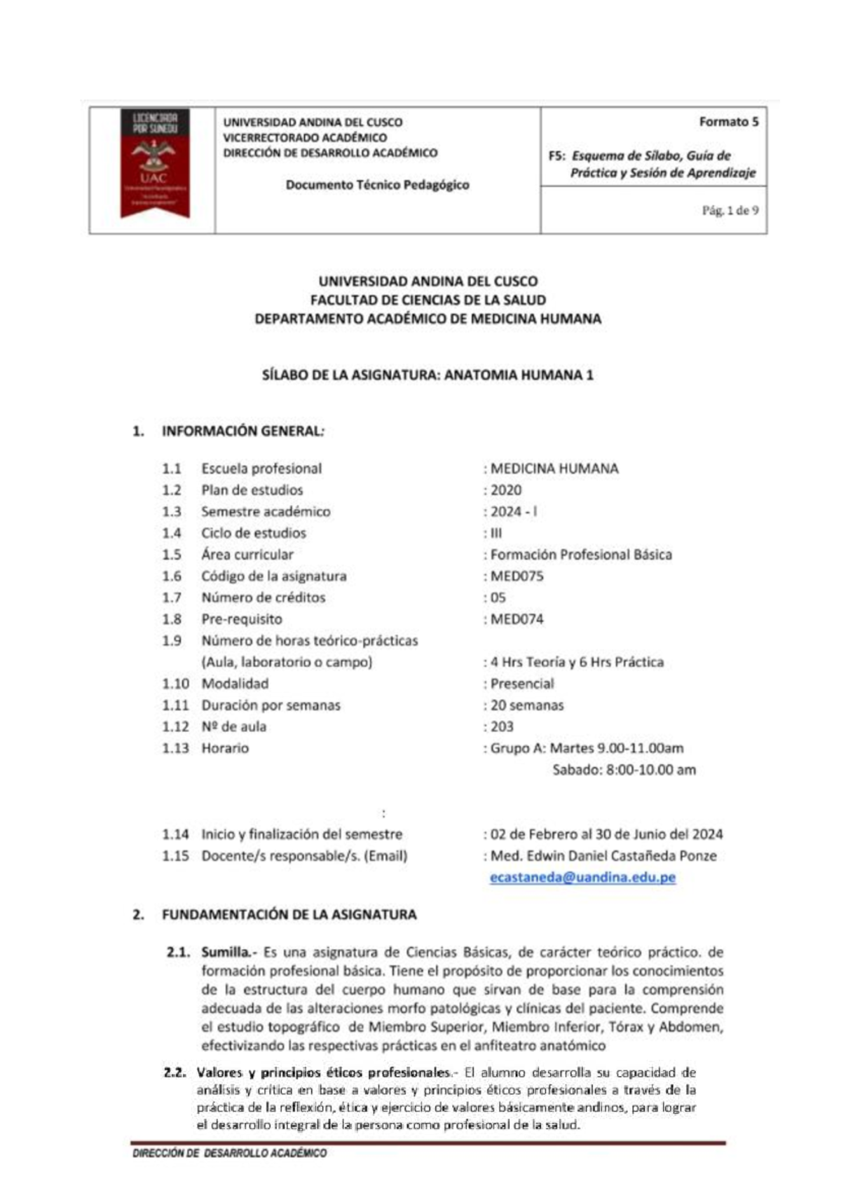 Sílabo MED075: Anatomía Humana I - Universidad Andina del Cusco - Studocu