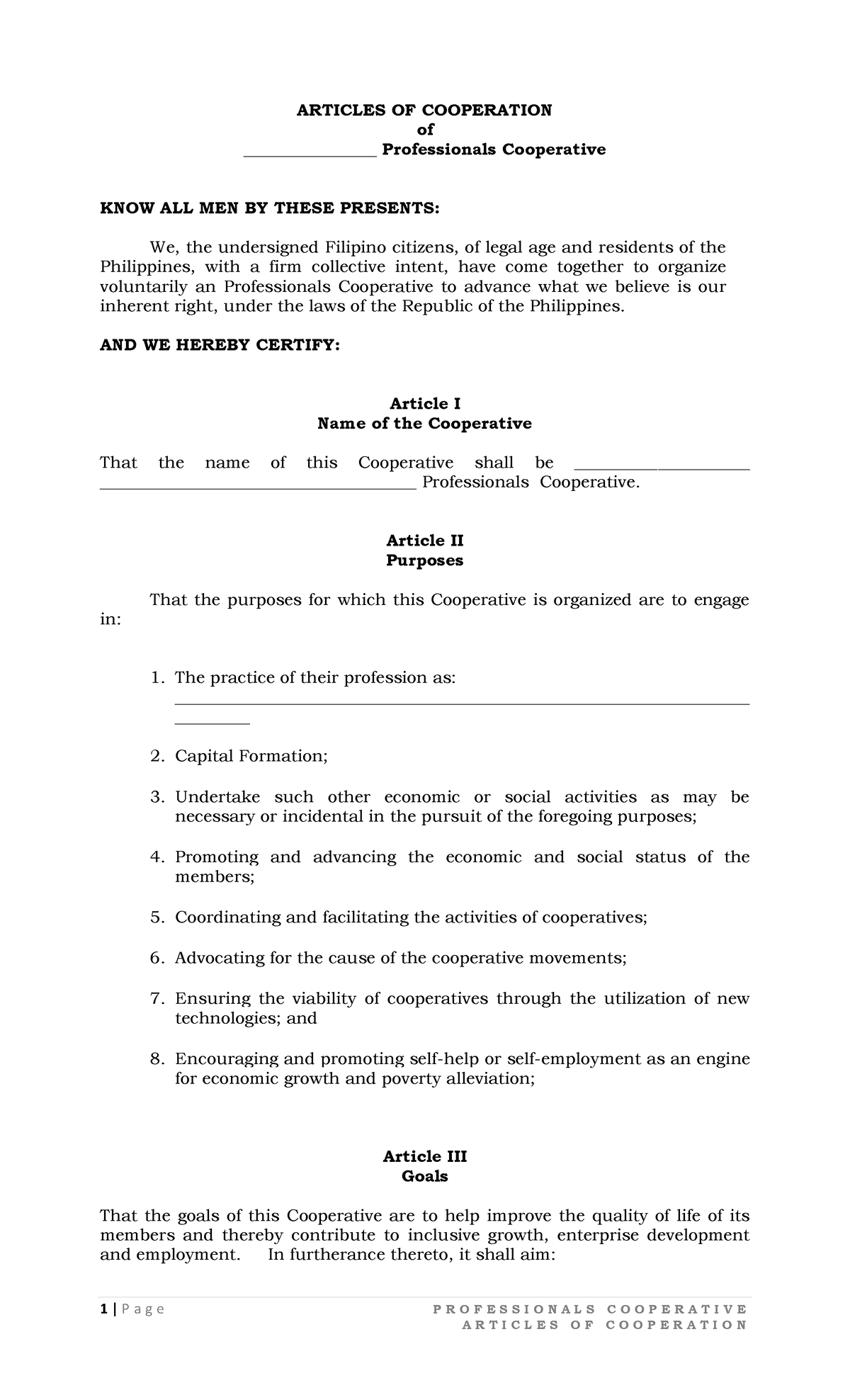Professionals Cooperative Articles of Cooperation Document - Studocu
