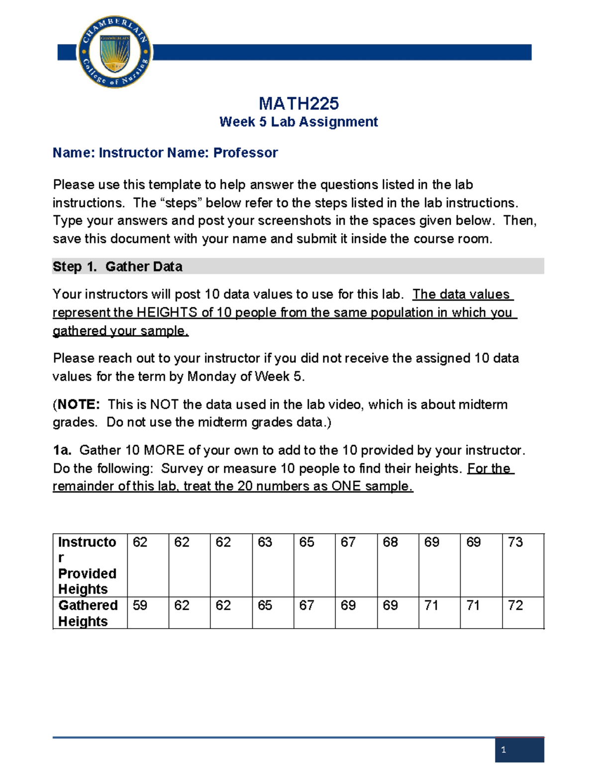 MATH 225 WEEK 5 LAB - Data Analysis and Heights Measurement - Studocu