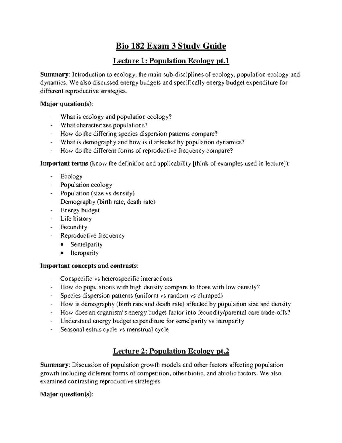 Bio 182 Exam 3 Study Guide: Insights into Population, Community ...