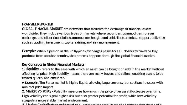 Global Financial Markets Overview: Key Concepts & Participants - Studocu