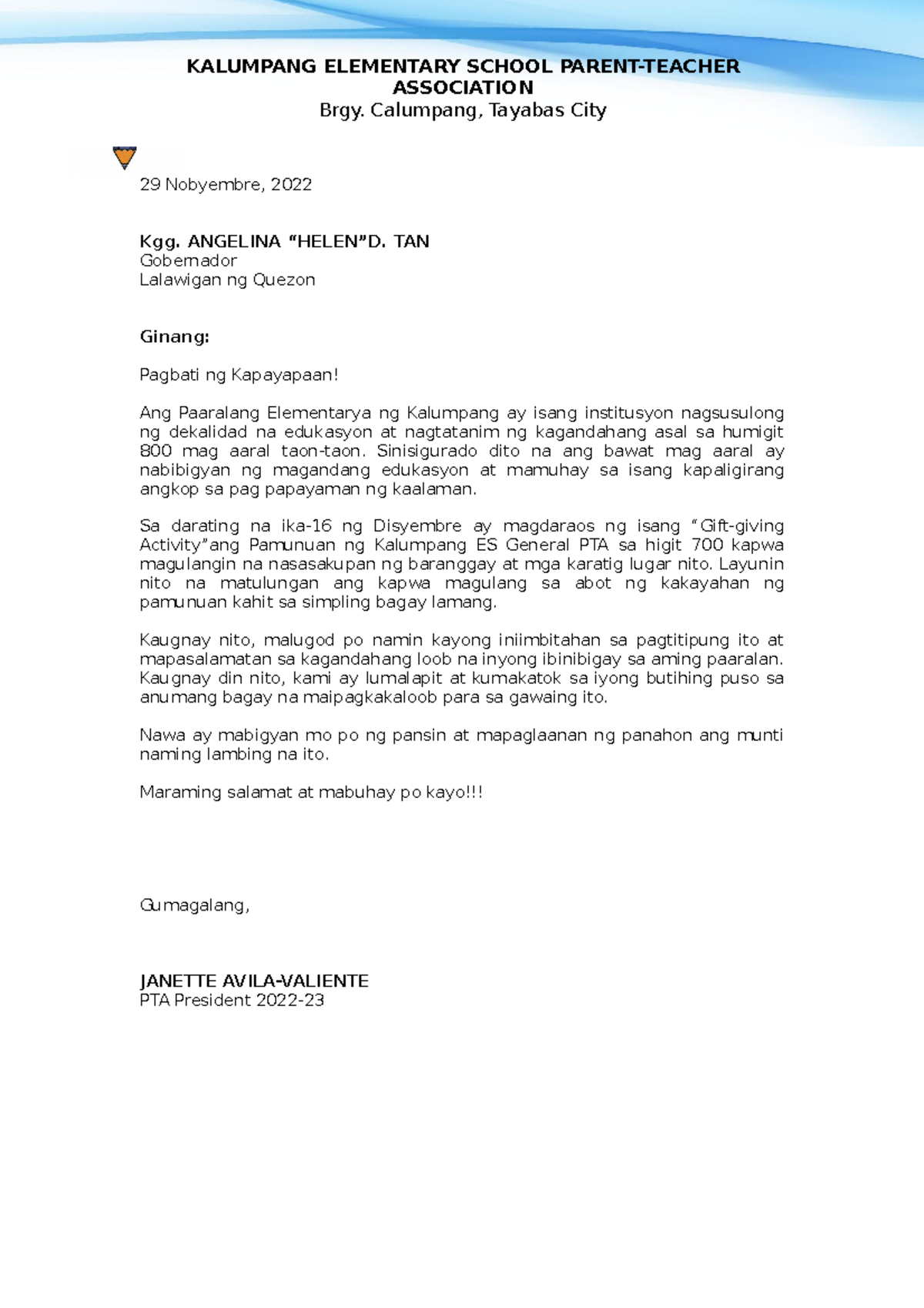 KALUMPANG ES PTA Solicitation Letter for Gift-Giving Activity - Studocu