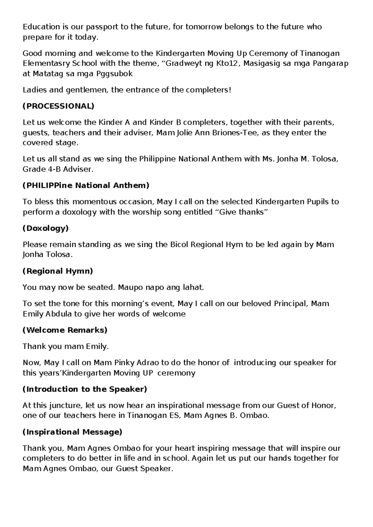 Kindergarten Moving Up Ceremony Script - Tinanogan ES - Studocu