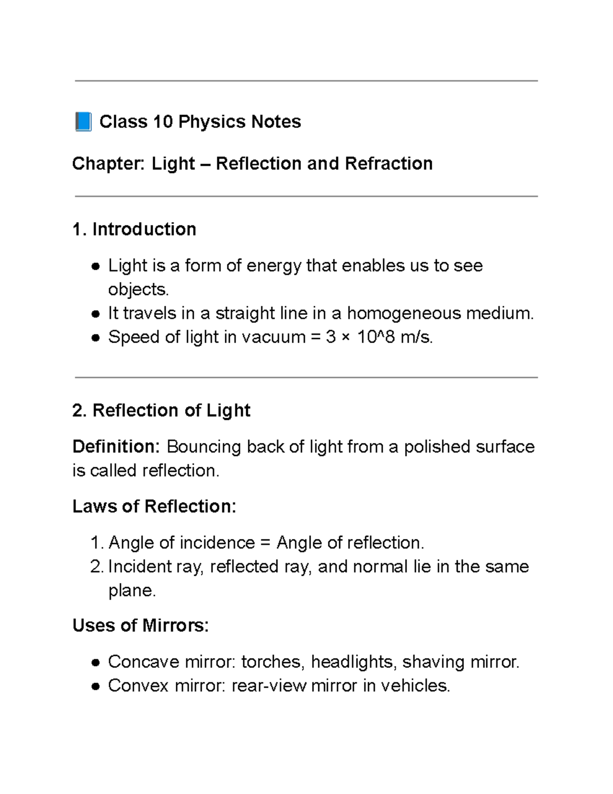 Class 10 Physics Notes: Light Reflection & Refraction Overview - Studocu