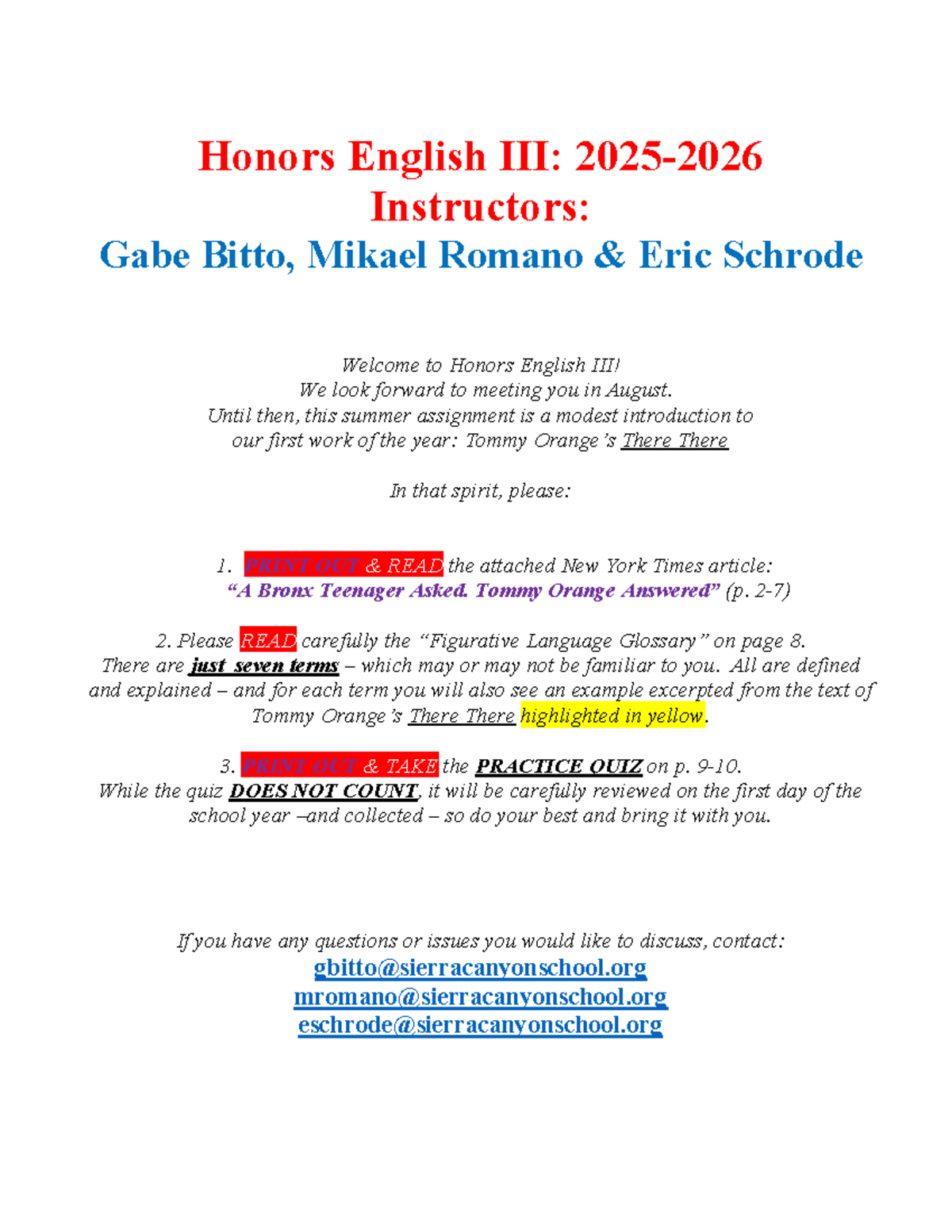 Summer 2025 Assignment - Honors English III: Exploring Tommy Orange's ...