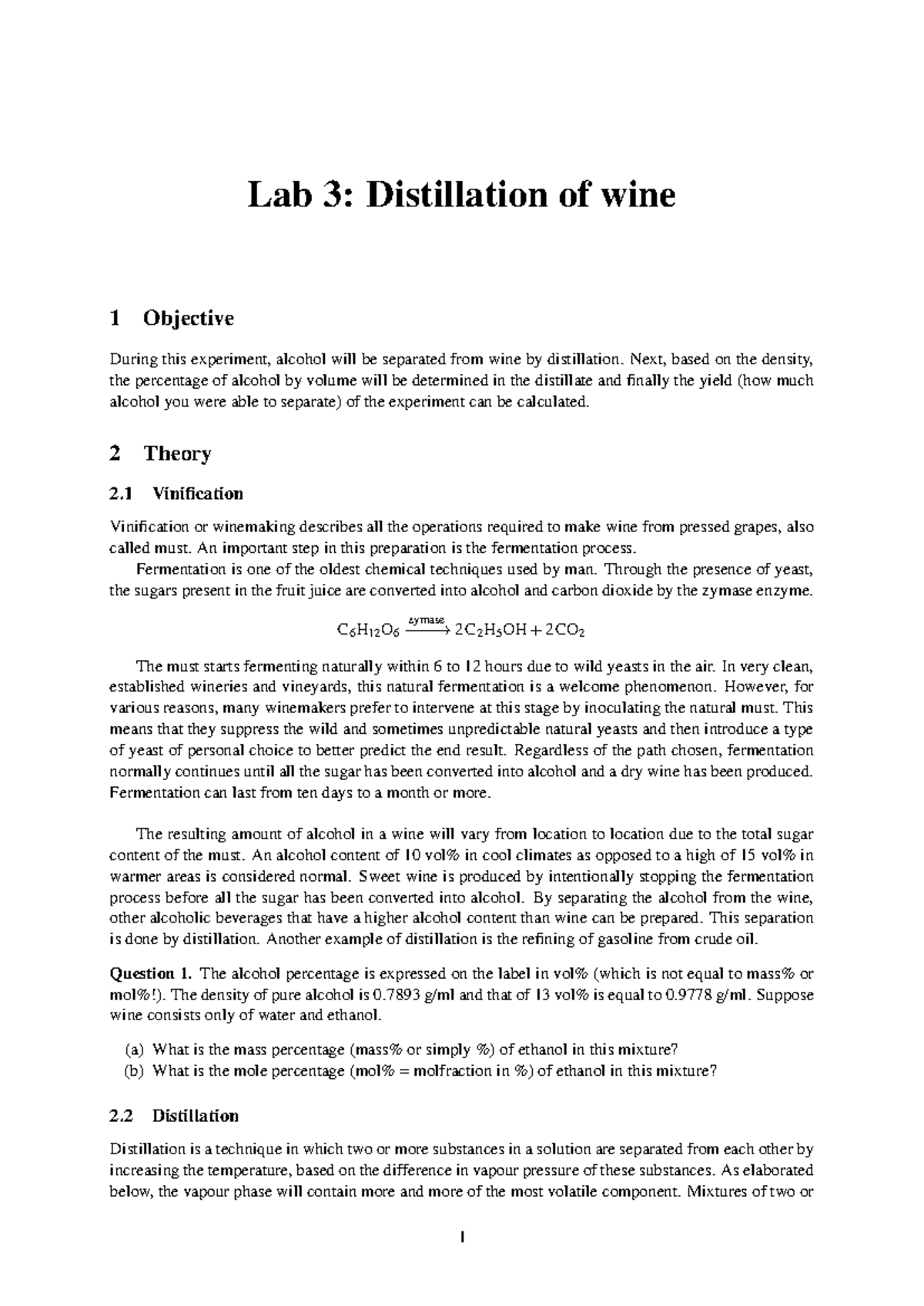 Lab 3: Distillation of Wine - Experiment Objectives and Methods - Studocu