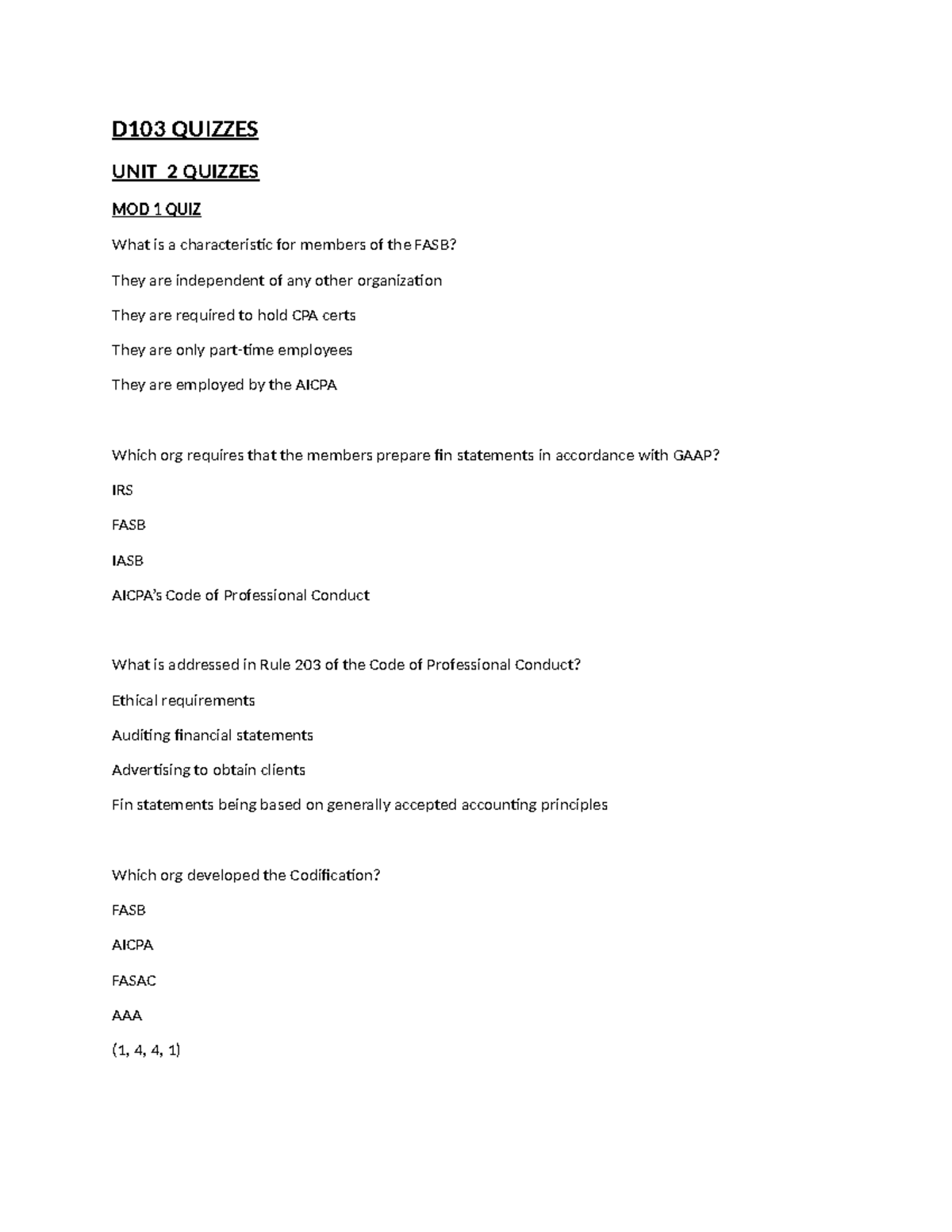 D103 Unit 2 & 3 Quizzes - Accounting Concepts and Principles - Studocu