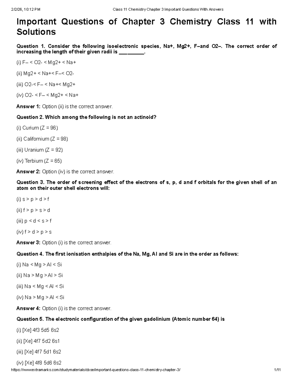 Class 11 Chemistry Chapter 3 Key Questions & Solutions - Studocu
