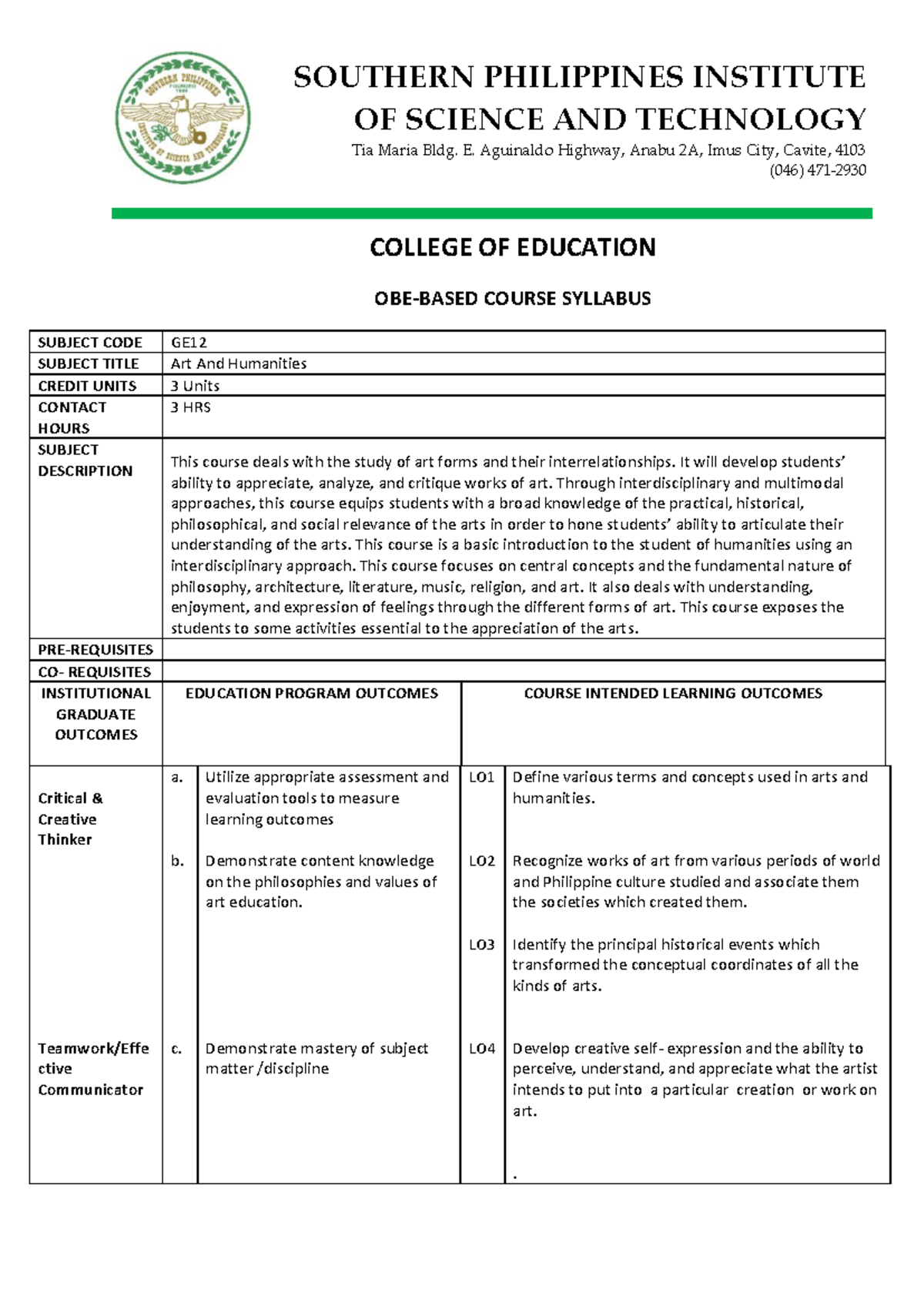 Syllabus GE-ARTS: Art and Humanities Course Overview & Guidelines - Studocu
