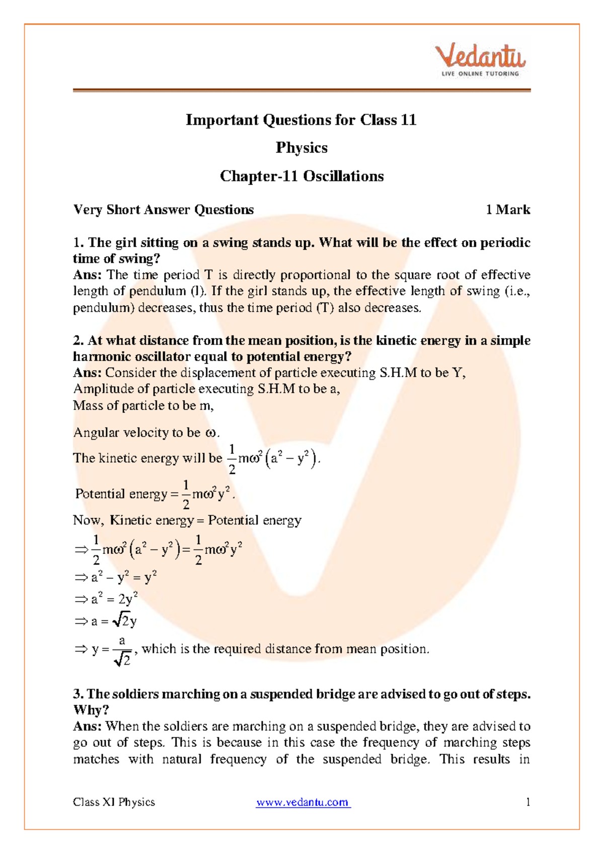 Important Questions for Class 11 Physics: Oscillations (Chapter 11) - Studocu