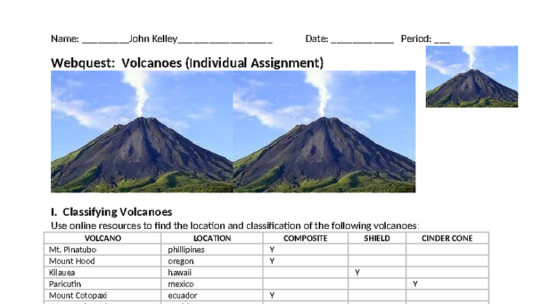 Volcanoes Webquest (Individual Assignment) - Classifying & Dynamics ...