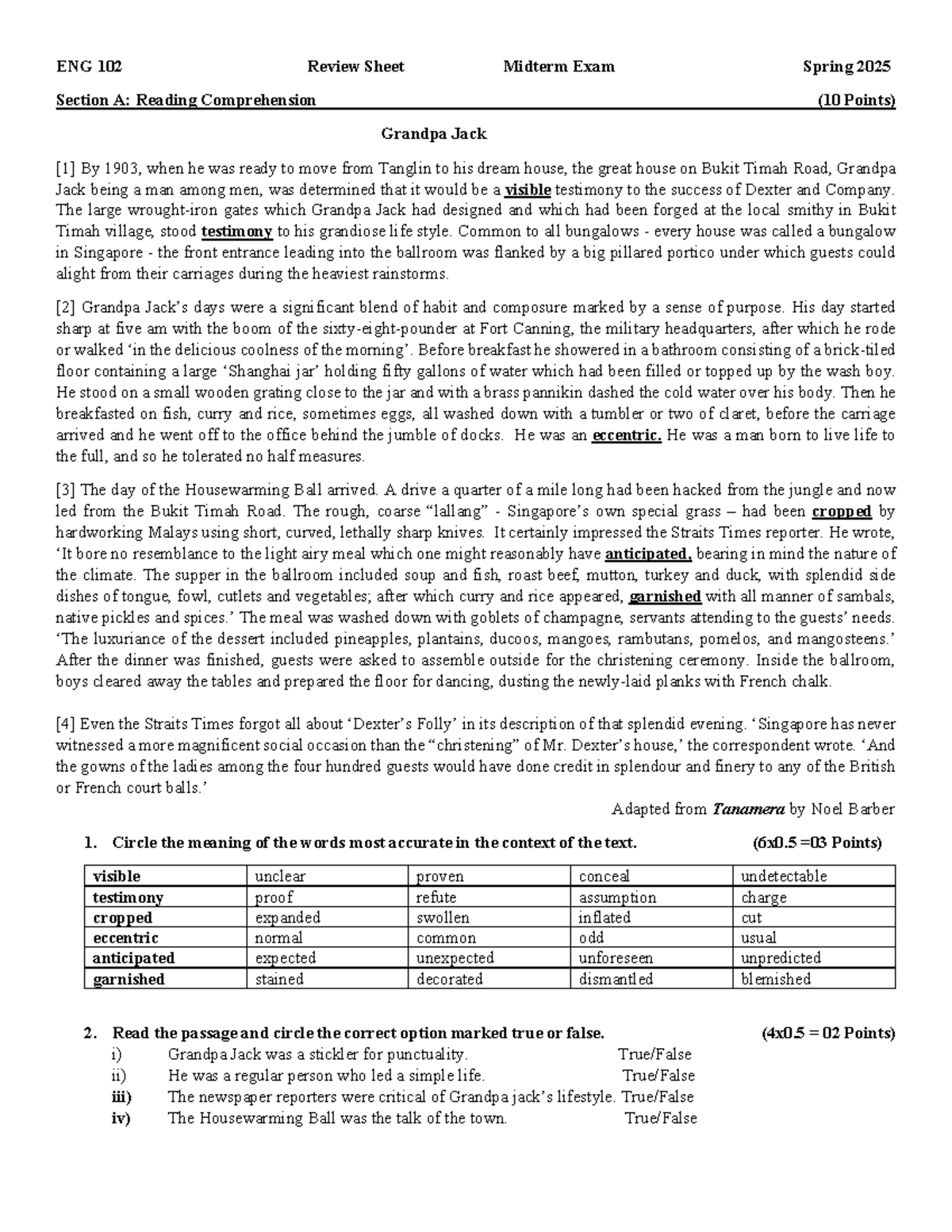 ENG 102 Midterm Exam Review Sheet: Reading Comprehension Spring 2025 - Studocu