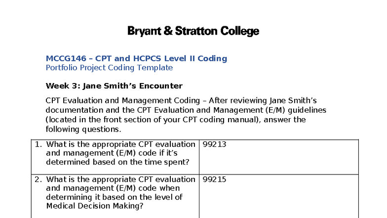 MCCG146 Week 3 CPT & HCPCS Coding: Jane's Encounter Analysis - Studocu