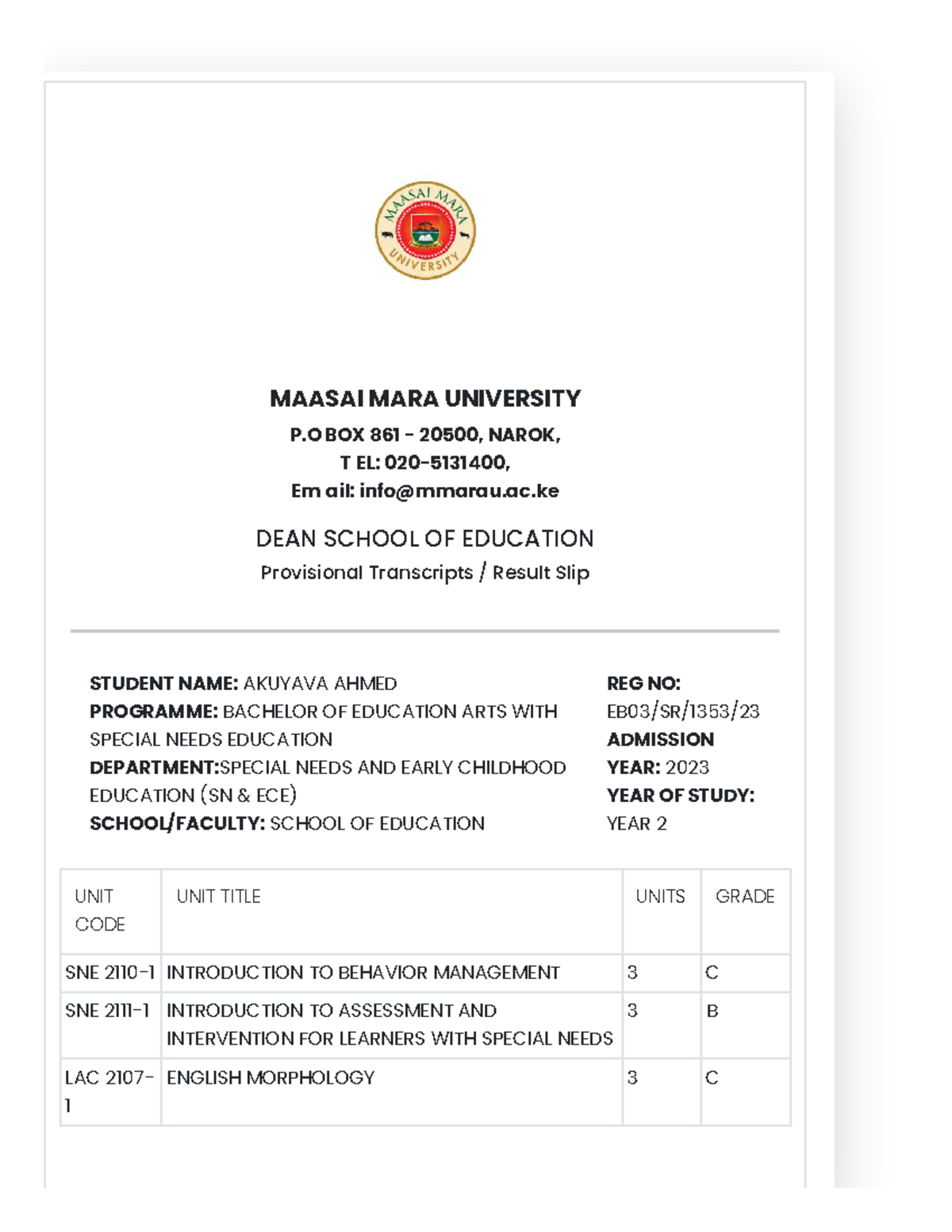 MAASAI MARA UNIVERSITY Provisional Transcript - B.Ed Special Needs ...