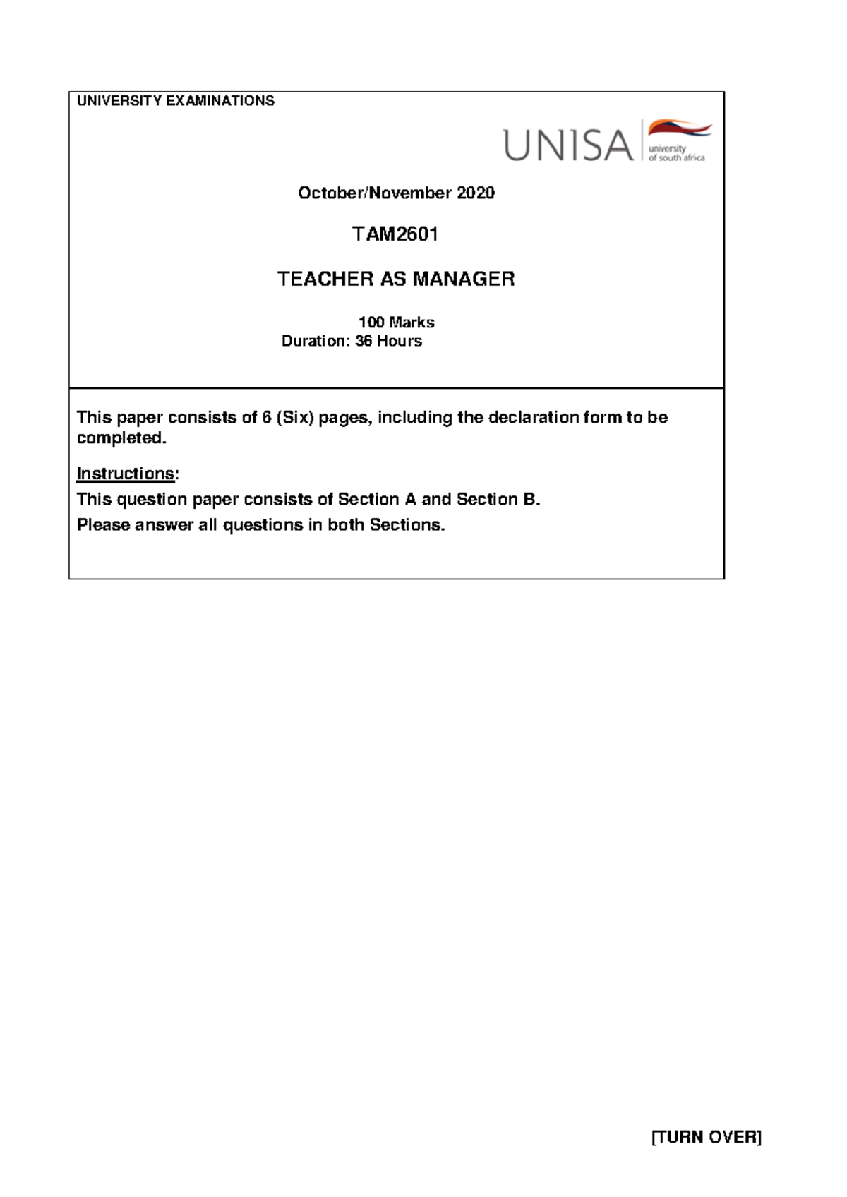 TAM2601 Final Exam Paper - Teacher as Manager - October 2020 - Studocu
