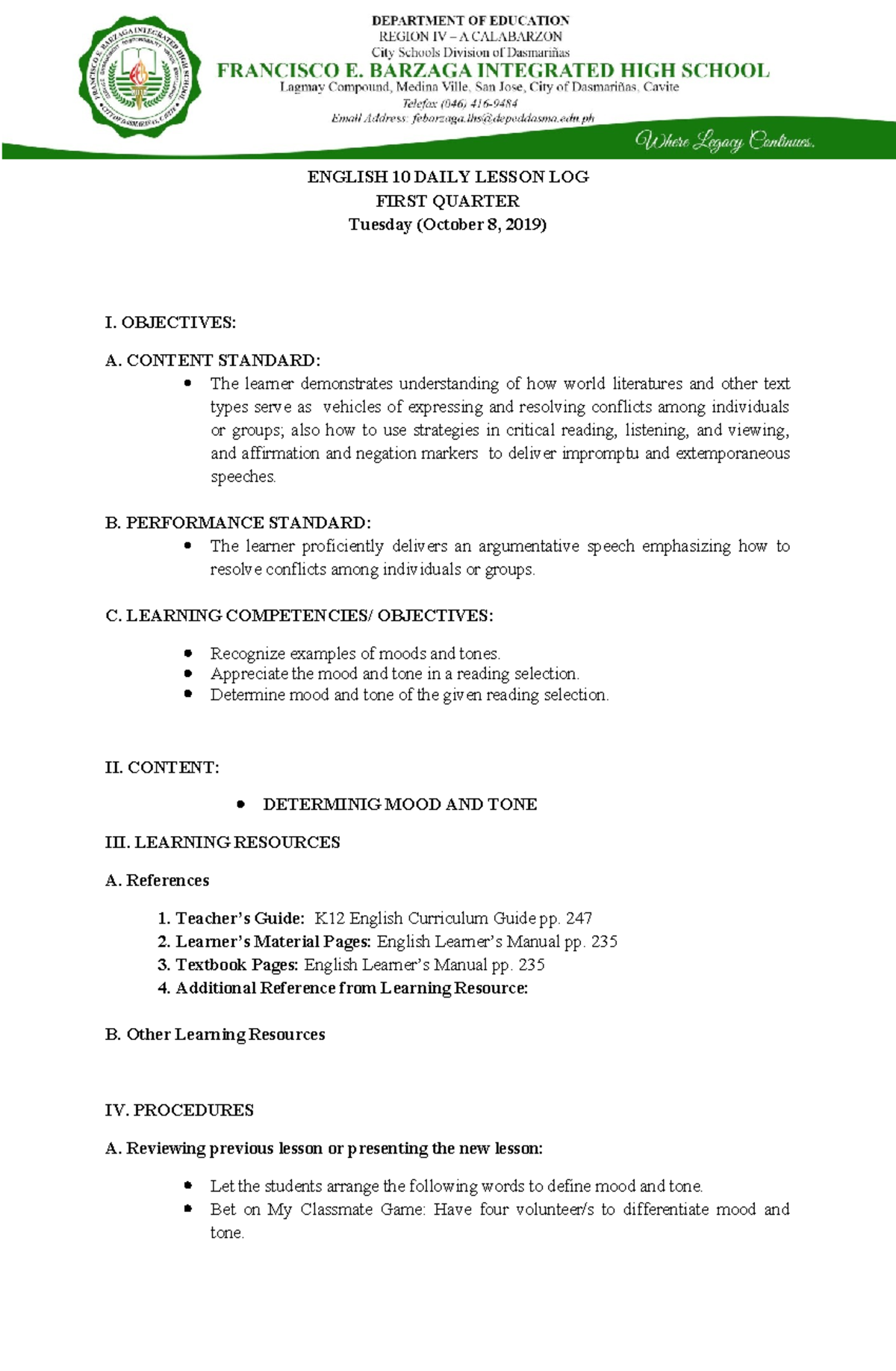English 10 Daily Lesson LOG - ENGLISH 10 DAILY LESSON LOG FIRST QUARTER ...