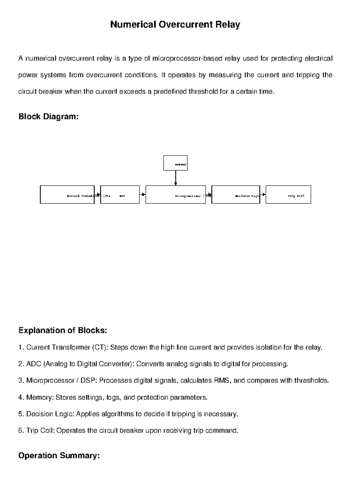 Numerical Overcurrent Relay Notes: Operation & Block Diagram Analysis ...
