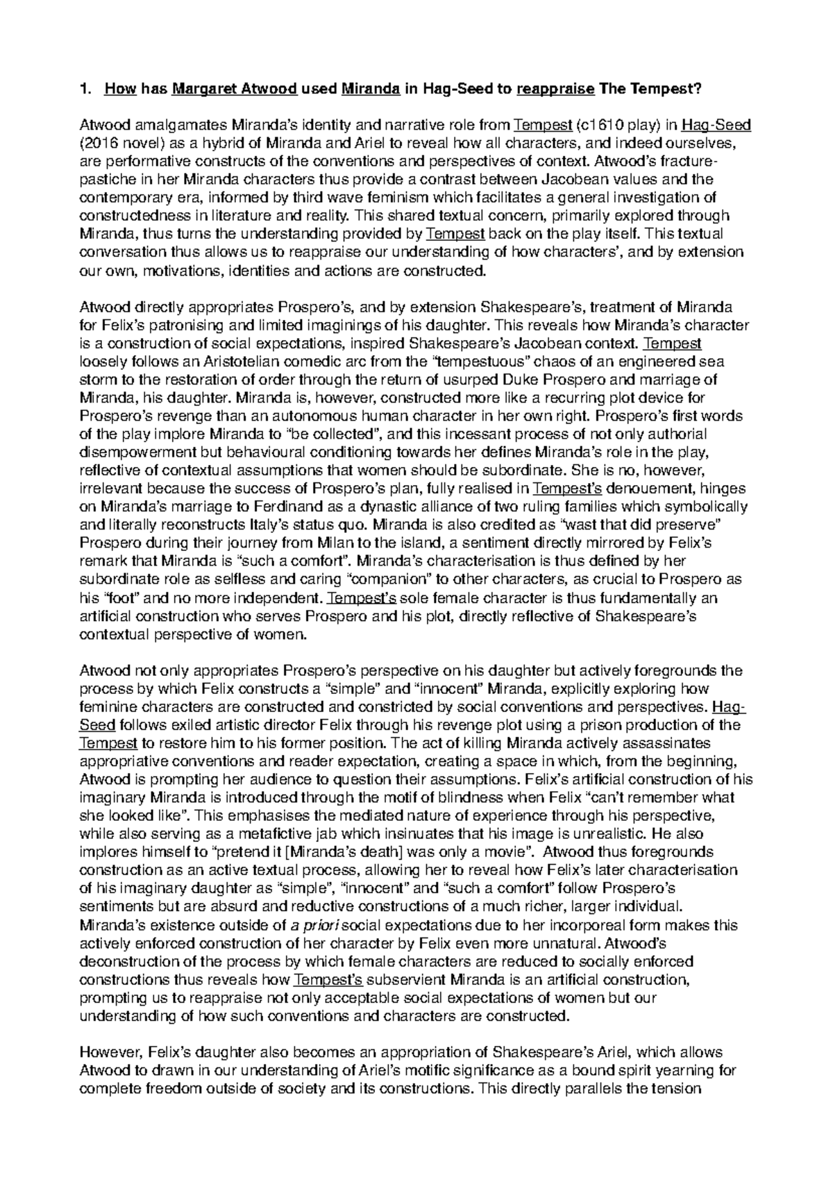 Reassessing Miranda: Atwood’s Hag-Seed & The Tempest Analysis - Studocu