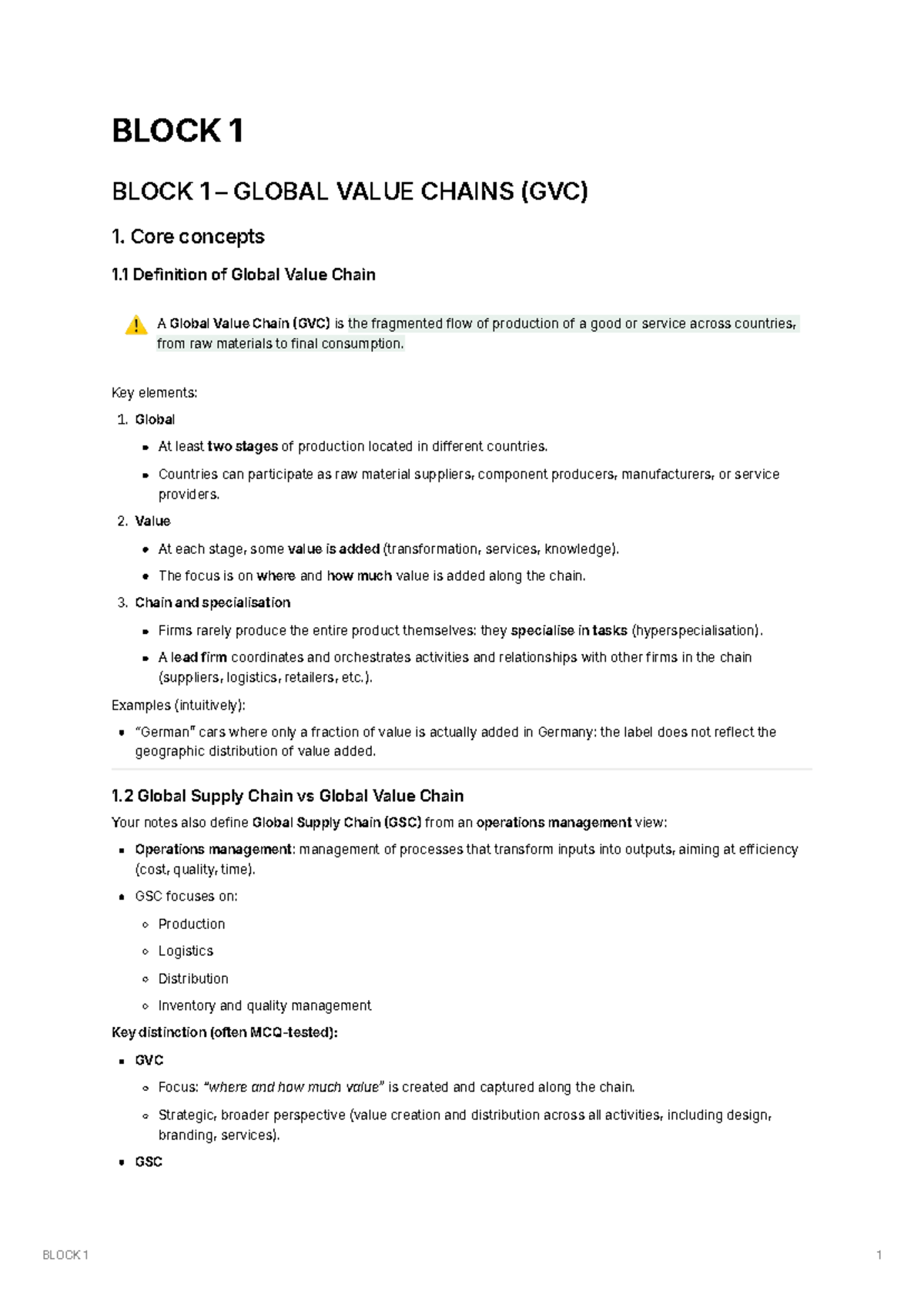 BLOCK 1: Global Value Chains (GVC) - Core Concepts and Mapping - Studocu
