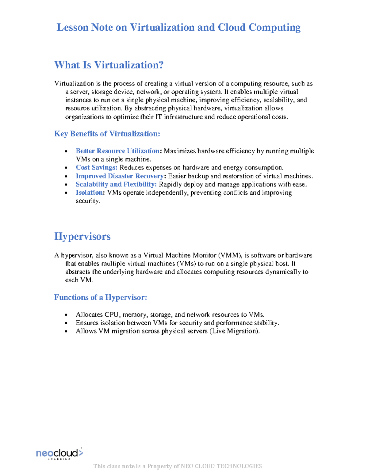Lesson Notes on Virtualization & Cloud Computing (CS 101) - Studocu