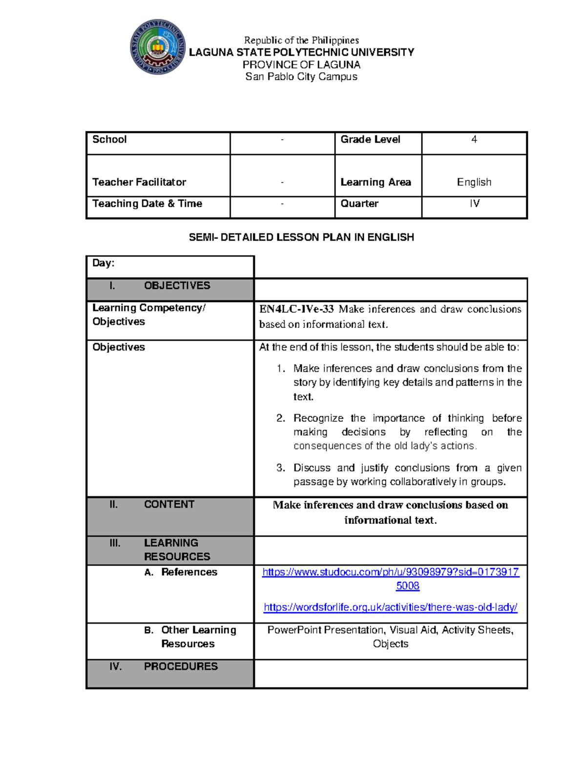Detailed Lesson Plan in English for Grade 4 - Quarter IV (5008) - Studocu
