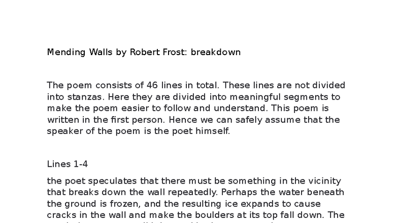 Mending Walls (ENG 101): Poem Breakdown and Analysis - Studocu