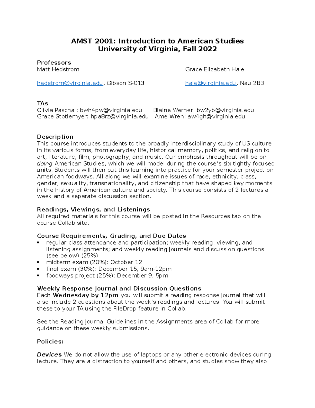 AMST 2001 Fall 2022 Syllabus: Intro to American Studies - Studocu