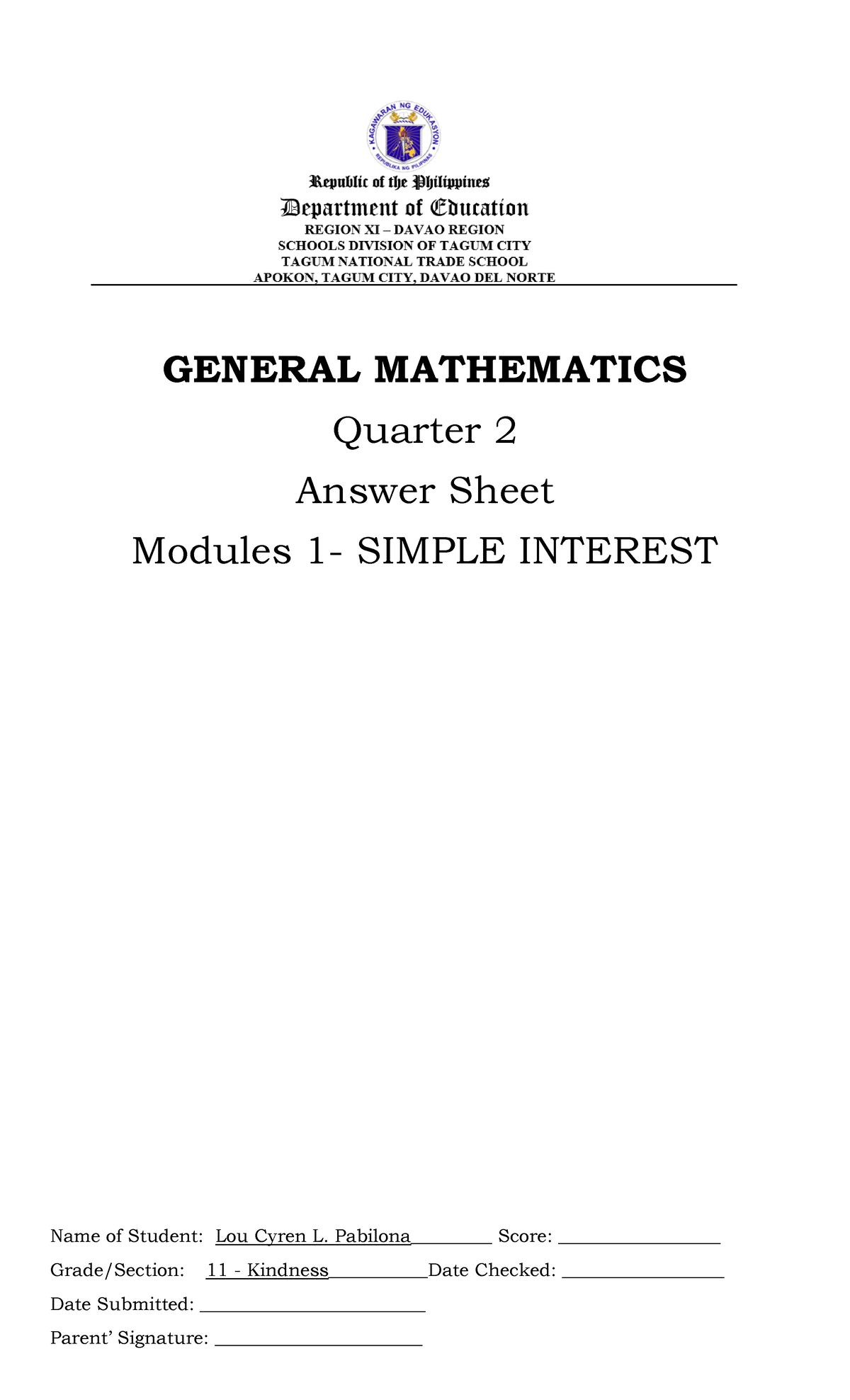 General mathematics Q2 answer sheet: Simple interest reflections - Studocu