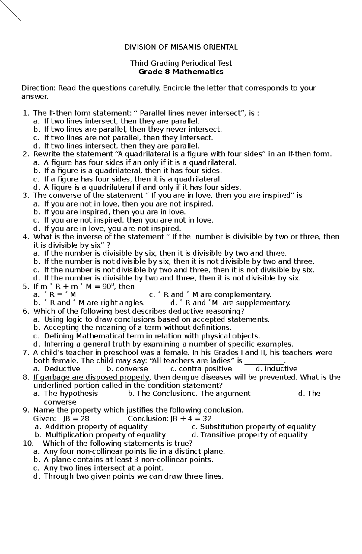 Math 8 Third Grading Periodic Test - DIVISION OF MISAMIS ORIENTAL Third ...