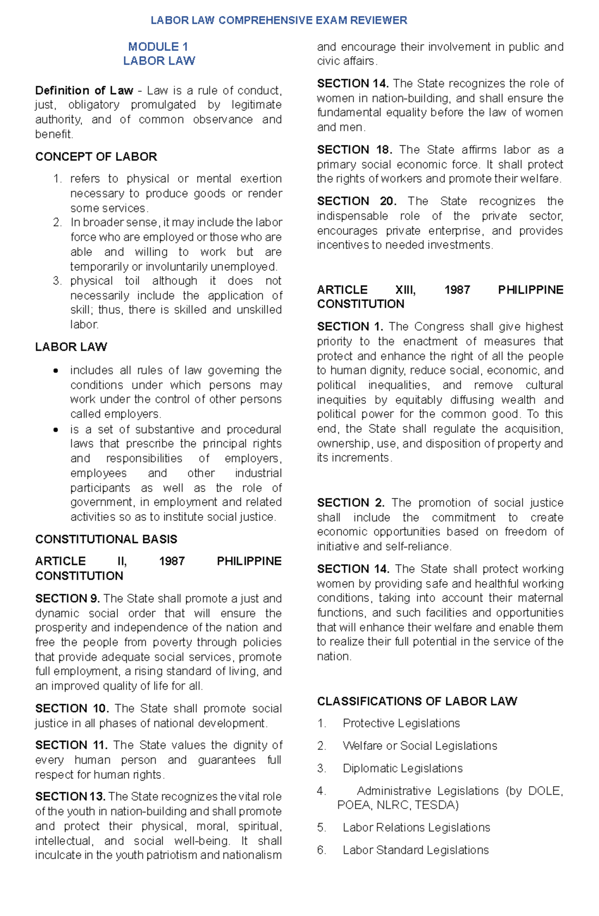 Labor-LAW- Reviewer - fsasa - MODULE 1 LABOR LAW Definition of Law ...