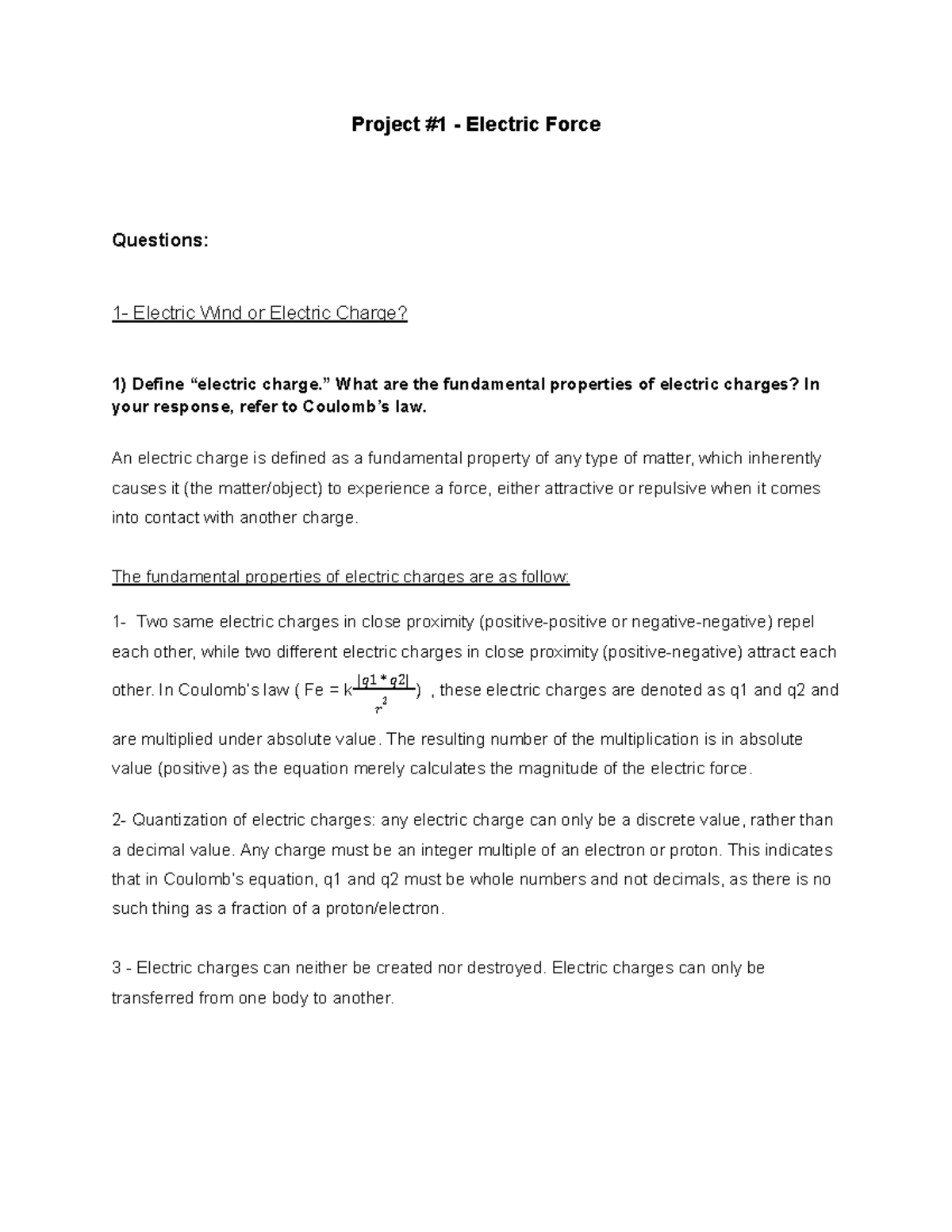 Project #1 - Electric Force: Understanding Electric Charges and Forces ...
