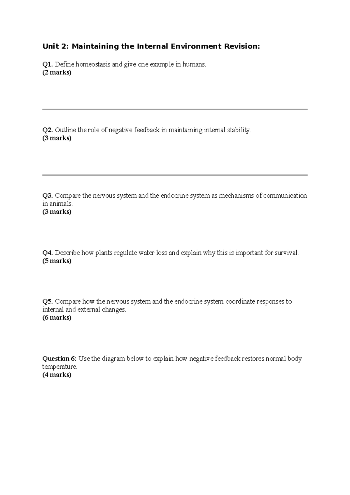 Unit 2: Homeostasis & Feedback Mechanisms Revision Questions - Studocu