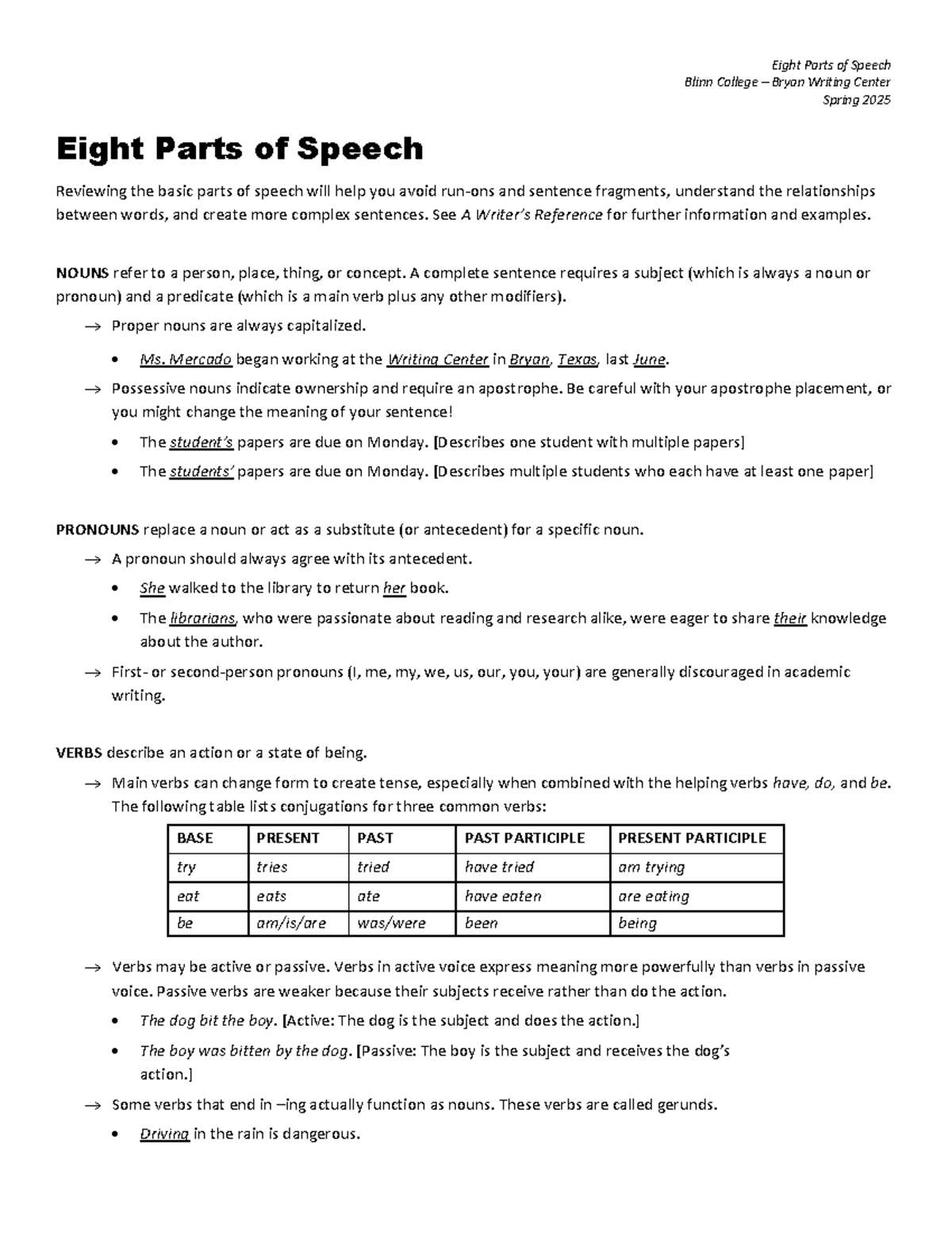 Eight parts of speech - Bbbd writing center notes Spring 2025 - Studocu