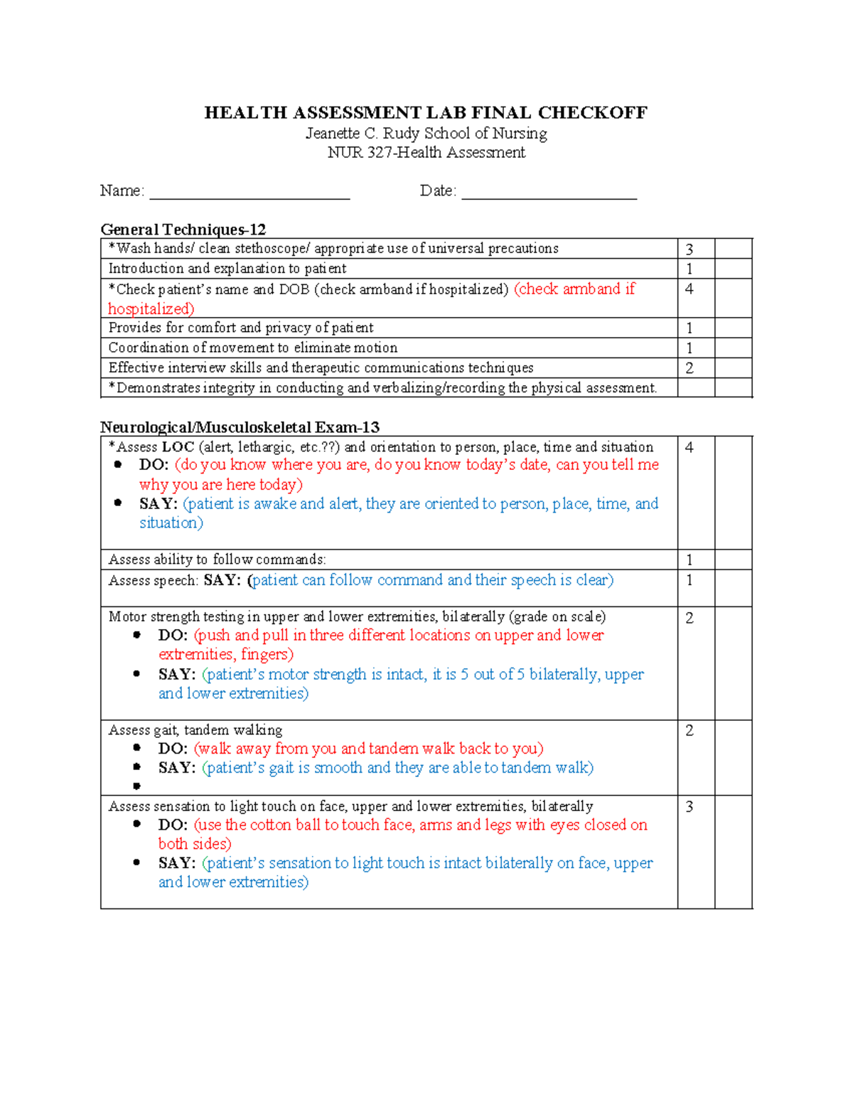 NUR 327 Health Assessment Lab Final Checkoff Guidelines and Points ...