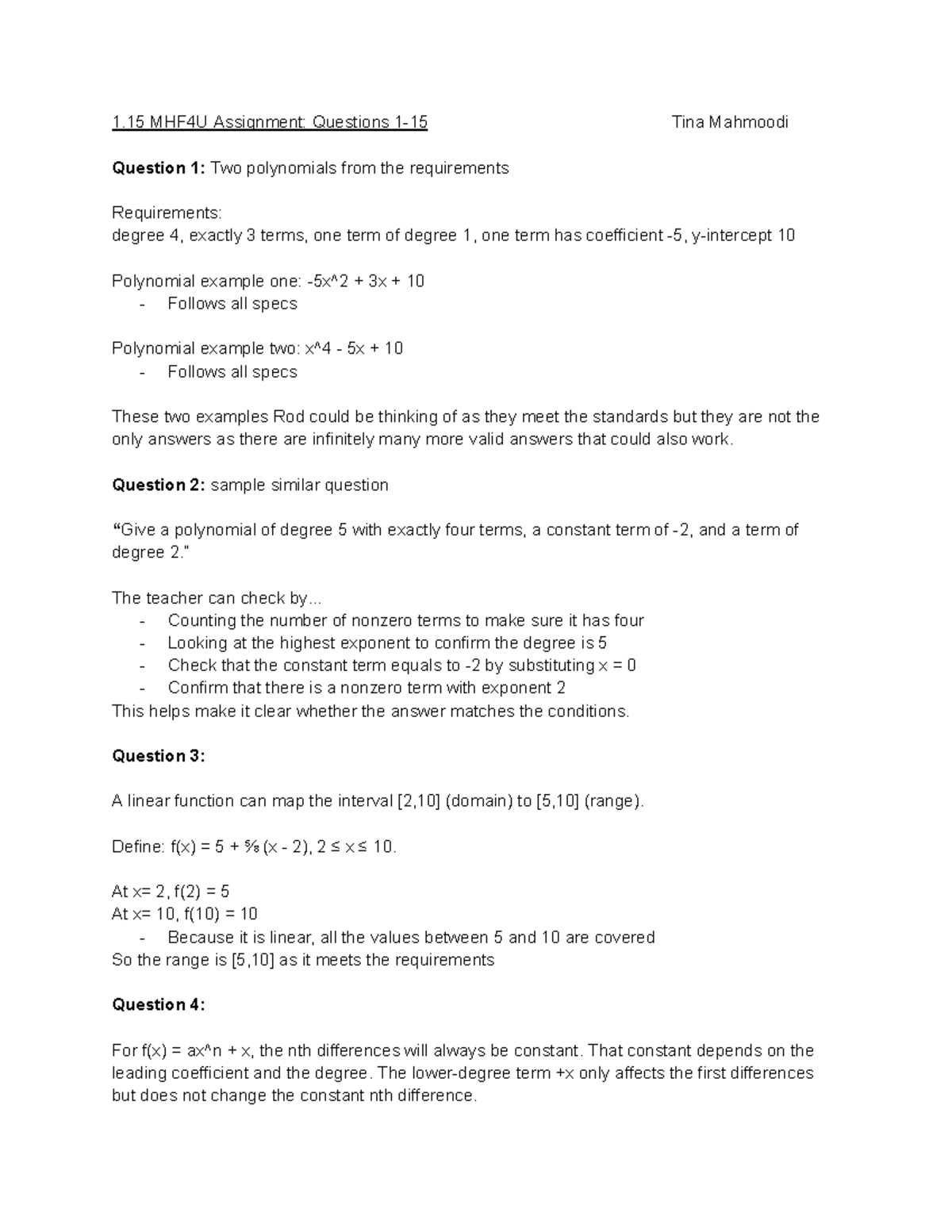 1.15 MHF4U Assignment: Polynomial Functions and Linear Mapping - Studocu