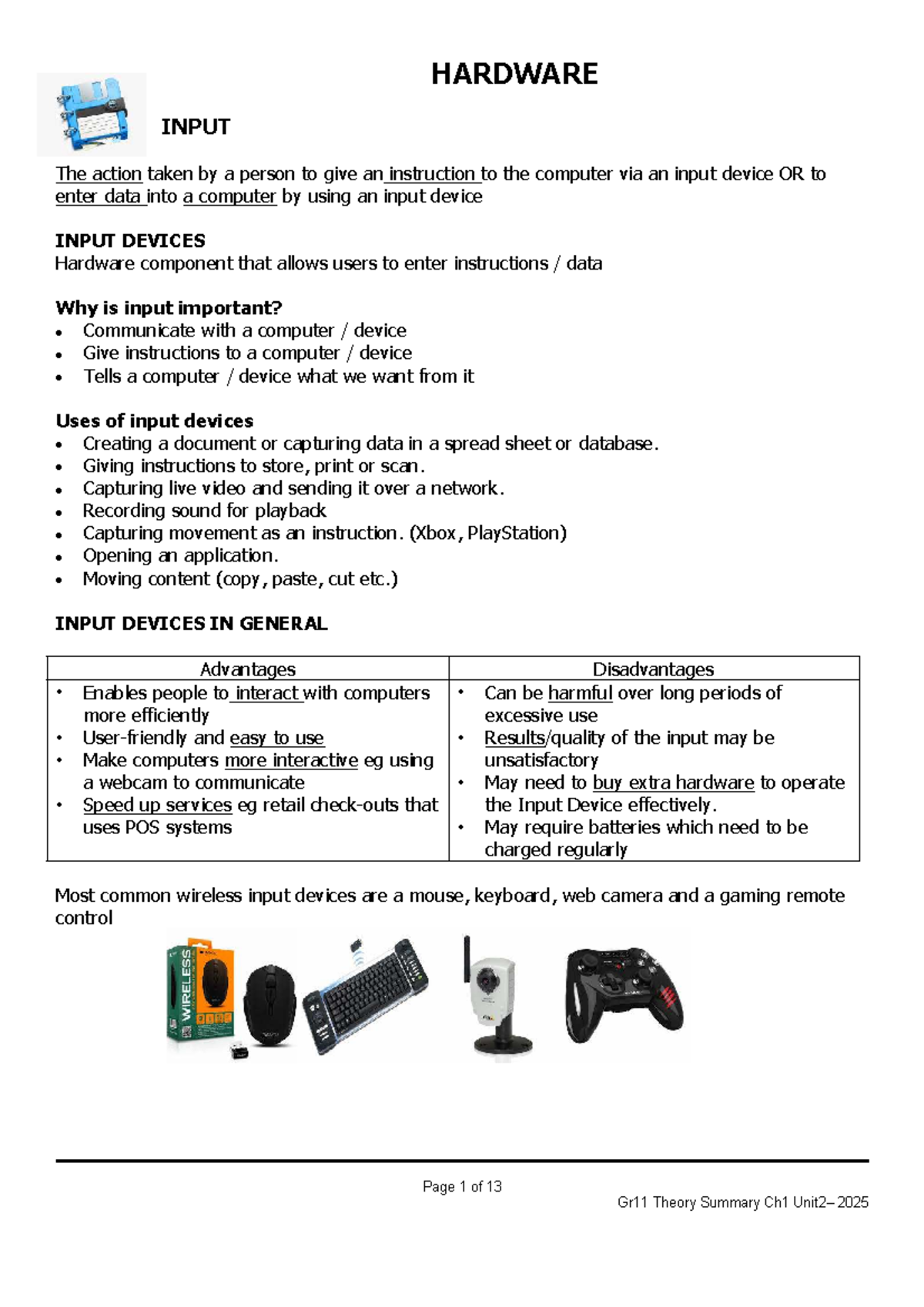 Gr11 Ch1 Unit2: Understanding Hardware Input Devices - 2025 - Studocu