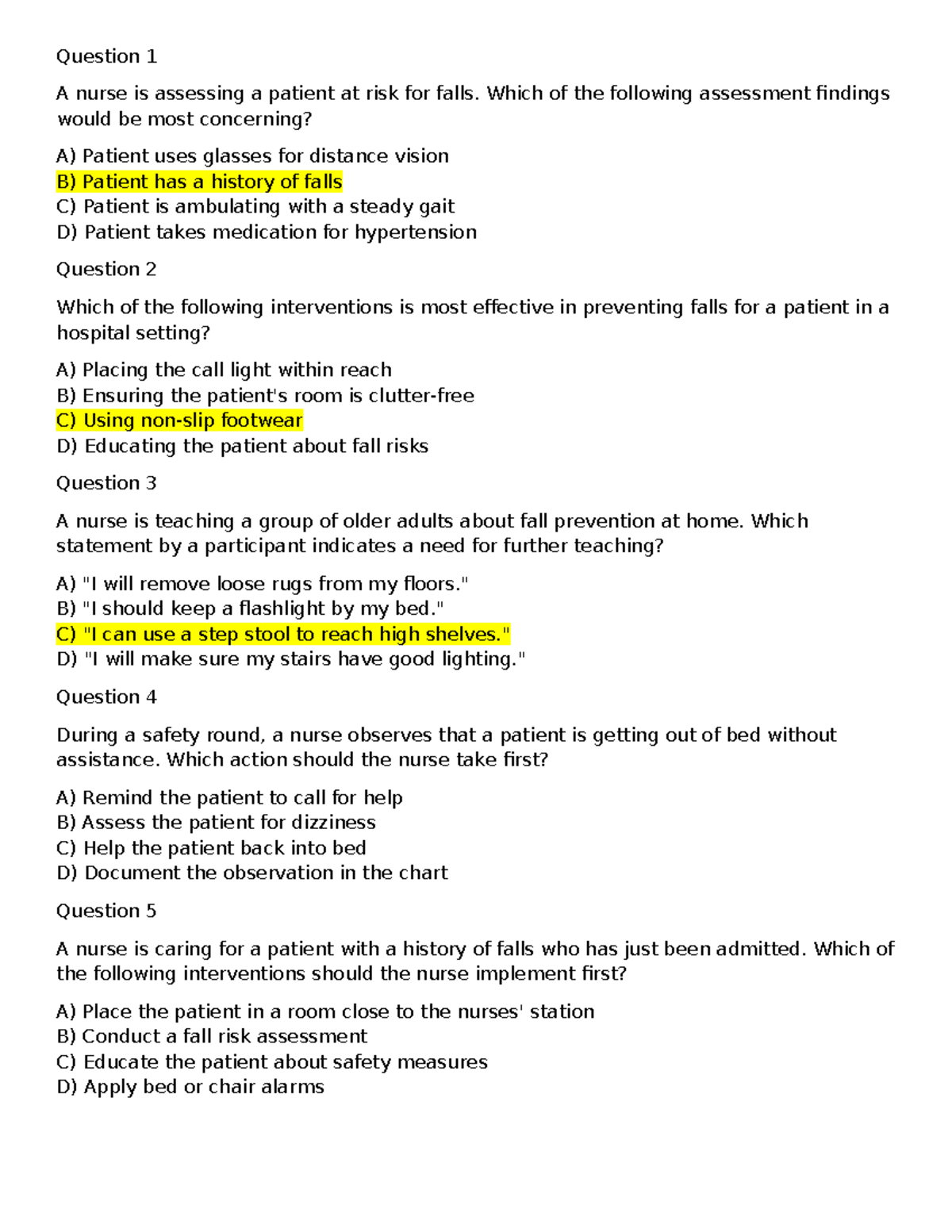 Safety Practice Questions: Fall Prevention Strategy Review (Wk 2) - Studocu
