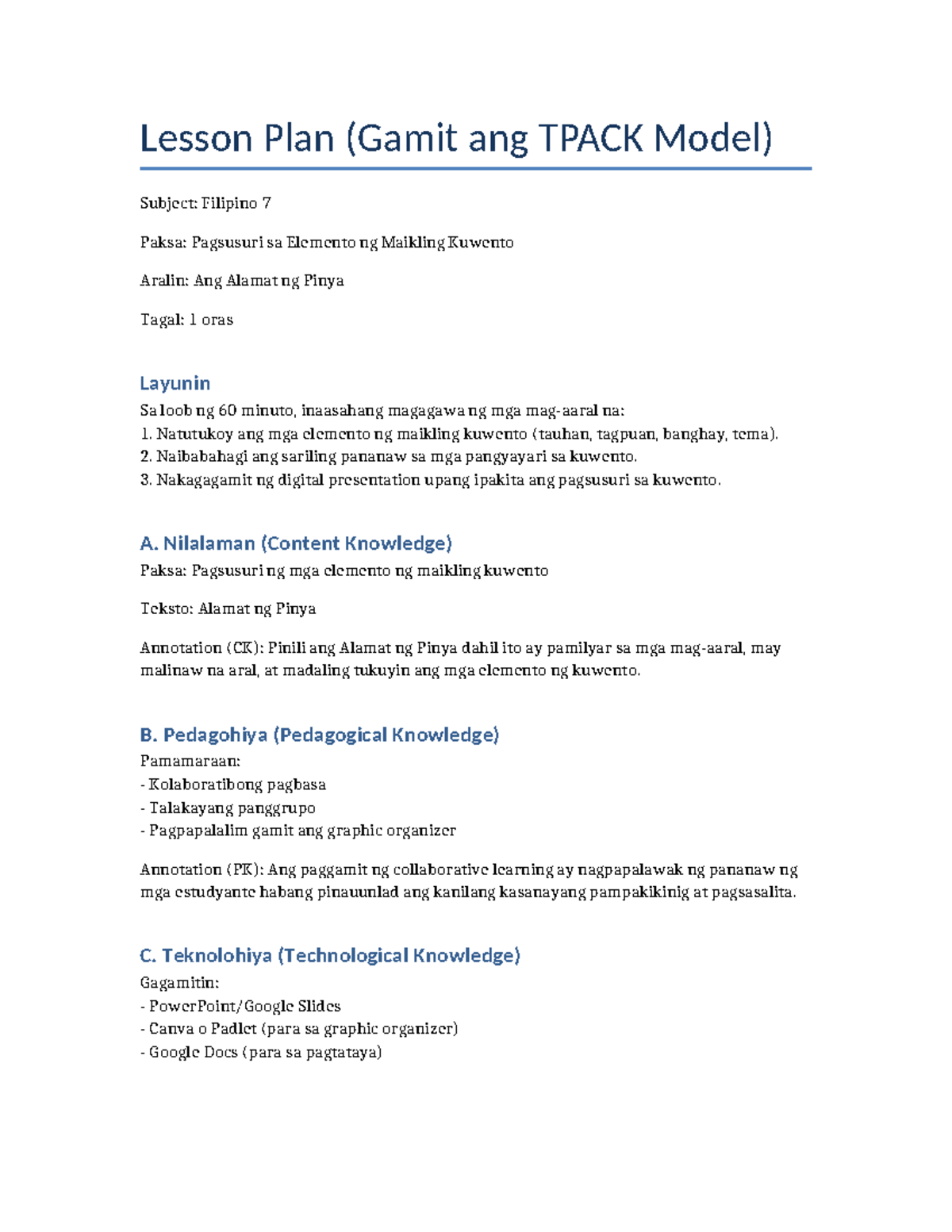 Filipino 7 Lesson Plan: Pagsusuri sa Maikling Kuwento gamit ang TPACK ...
