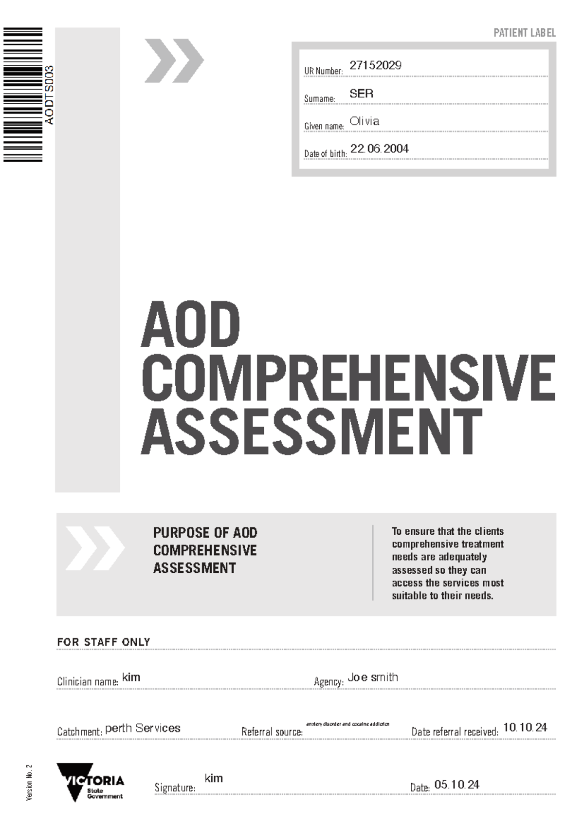 AOD Comprehensive Assessment for Olivia - Victorian AOD Form - Studocu