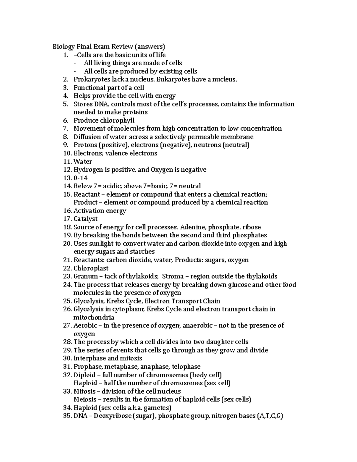 Biology BIOL101 Final Exam Review Answers and Key Concepts - Studocu