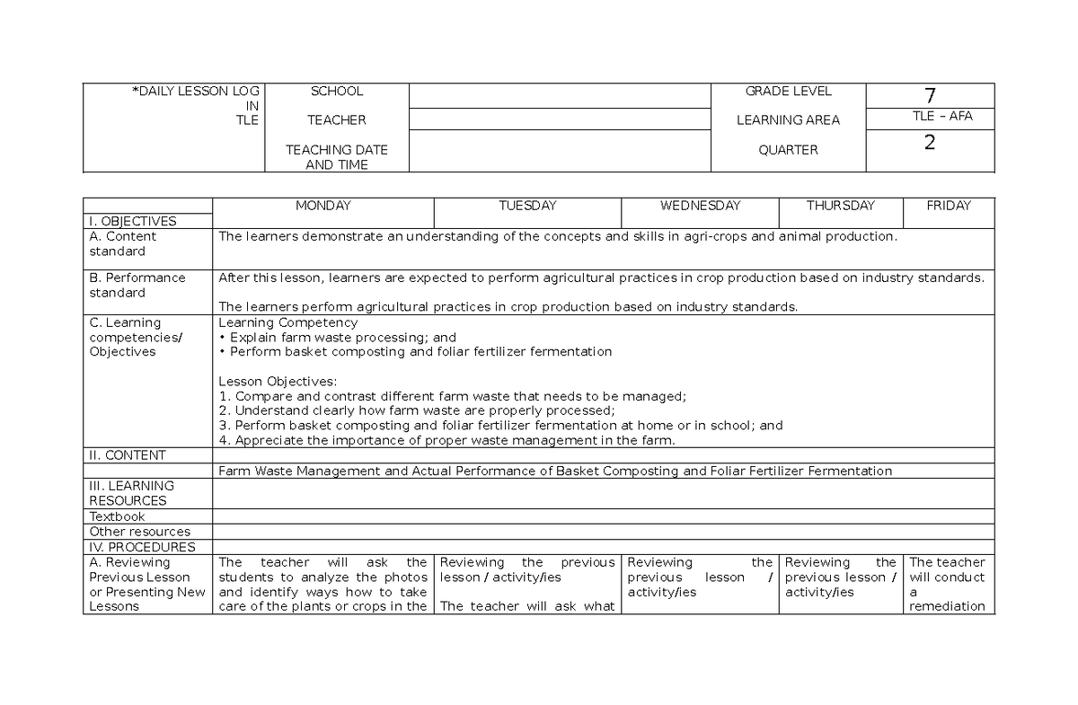DLL IN TLE AFA 7 Q1 WEEK 3 - Farm Waste Management Lesson - Studocu