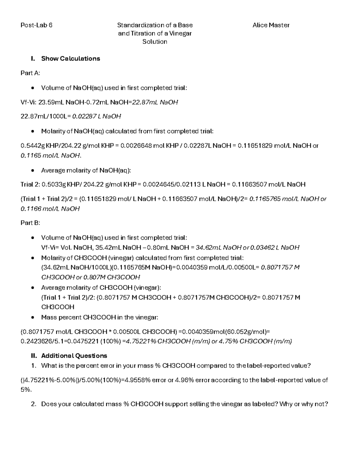 Post Lab 6 Post Lab Assignment For Experiment 6 Post Lab 6 Standardization Of A Base And