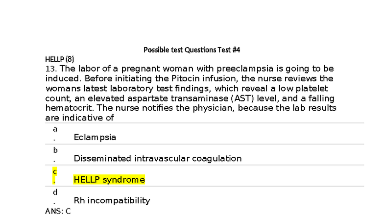 Possible Test Questions for HELLP Syndrome and HIT Management - Studocu