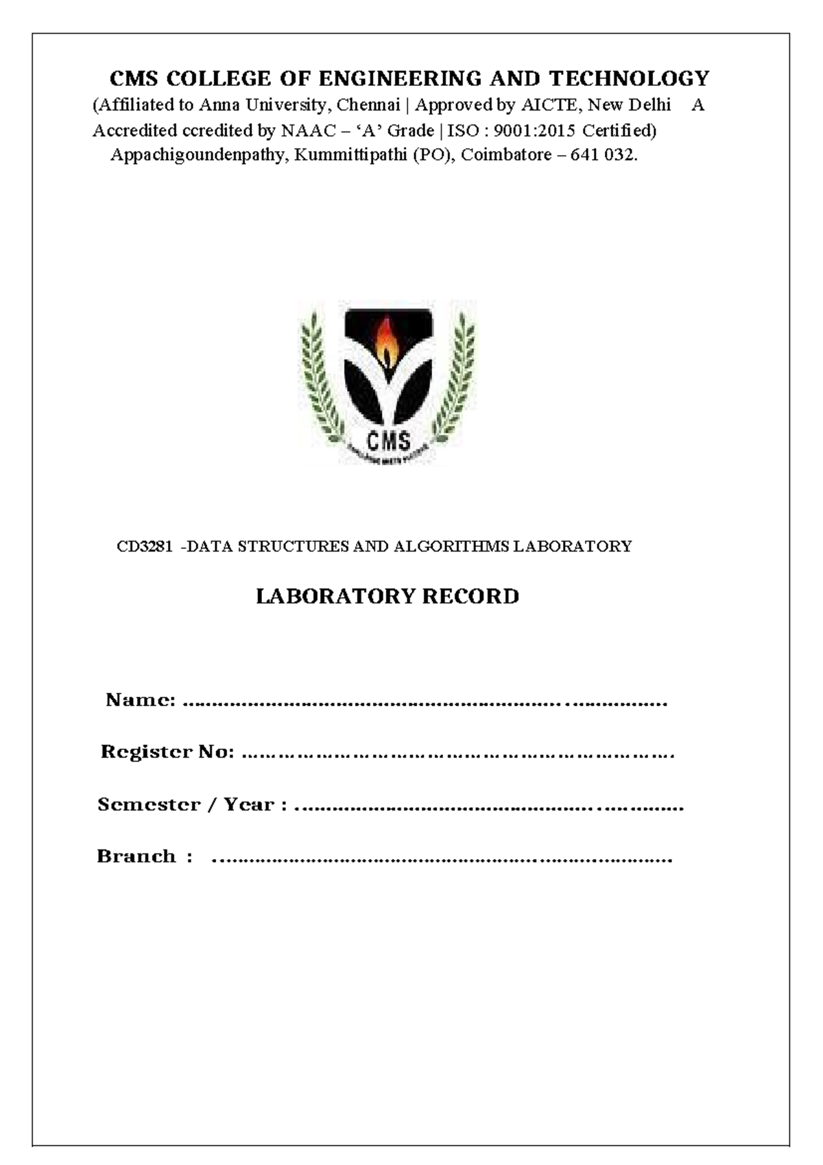DSA Lab Manual - CD3281 Structures and Algorithms Lab Record - Studocu