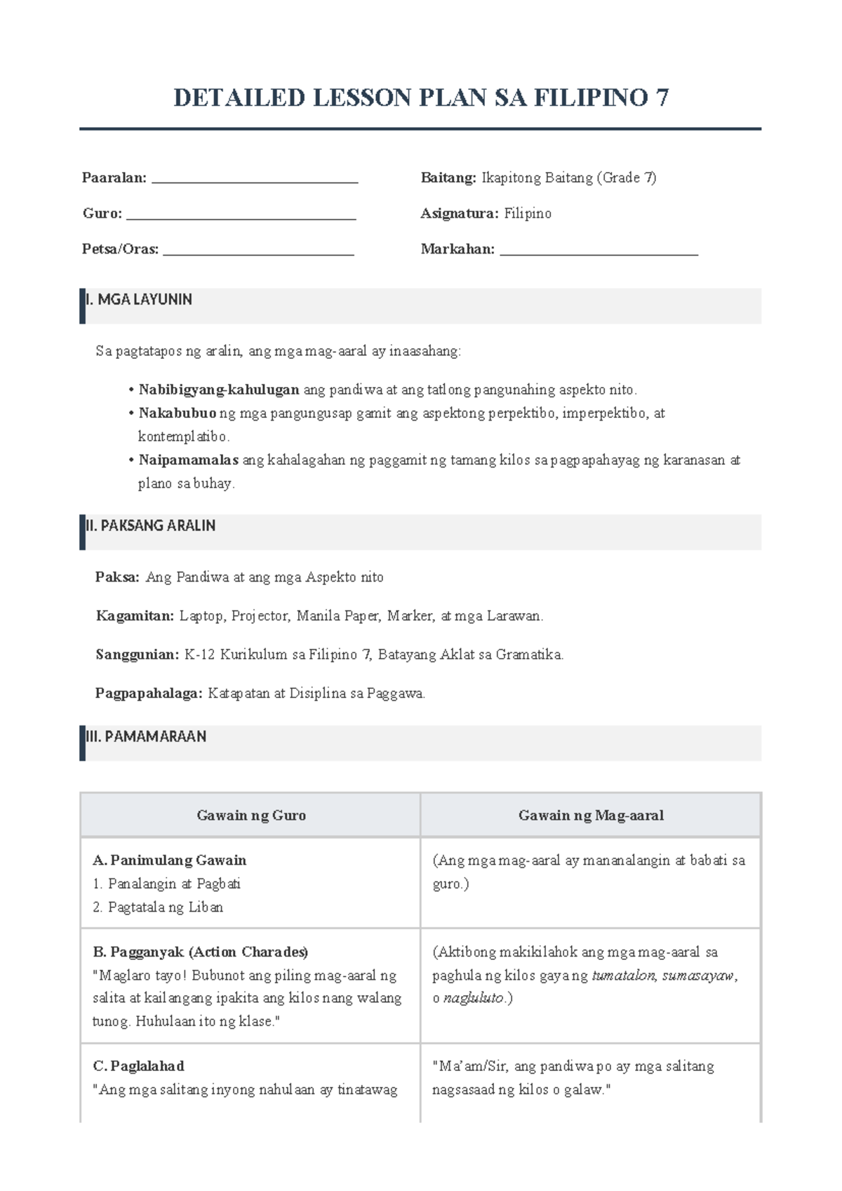 DETAILED LESSON PLAN SA FILIPINO 7: Pandiwa at Aspekto - Studocu