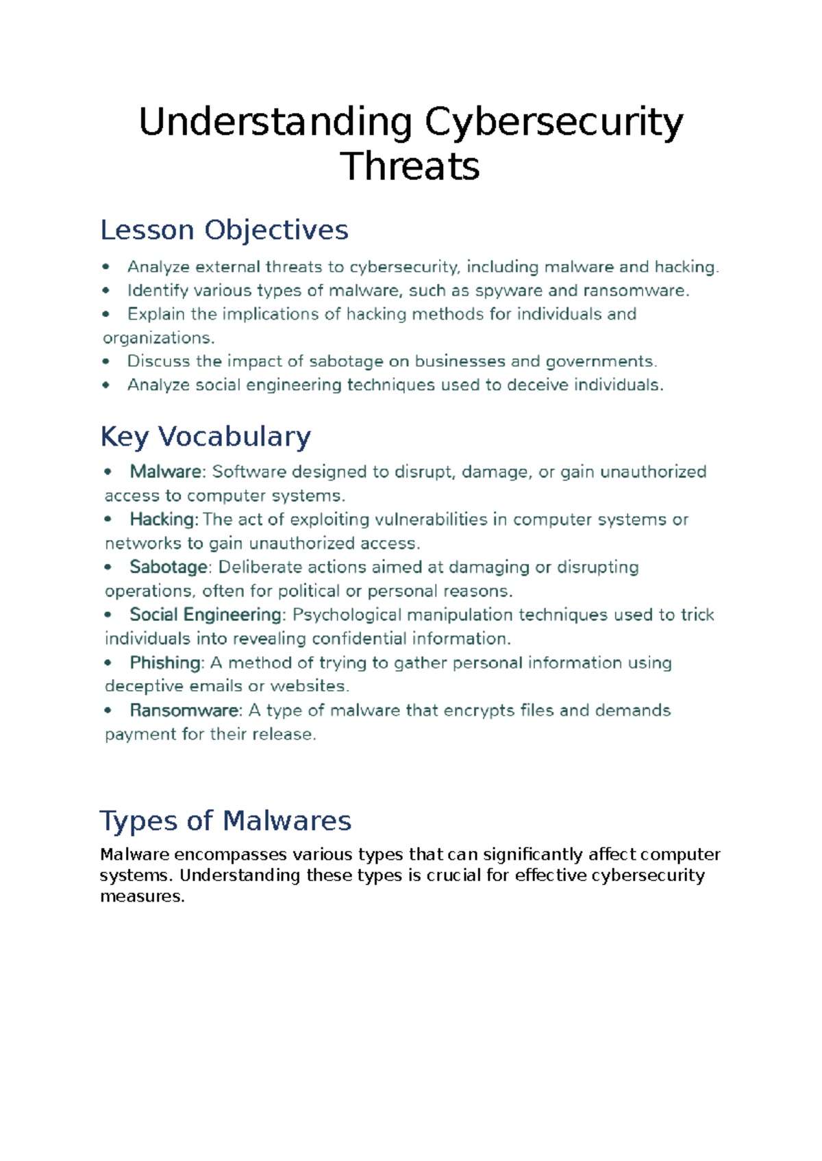Lesson 1c: Understanding Cybersecurity Threats and Malware Types - Studocu