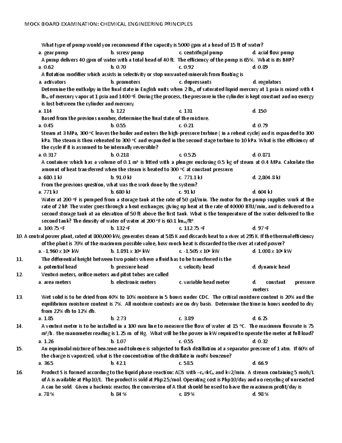 MOCK BOARD EXAM: CHEMICAL ENGINEERING PRINCIPLES - DAY 2 - Studocu