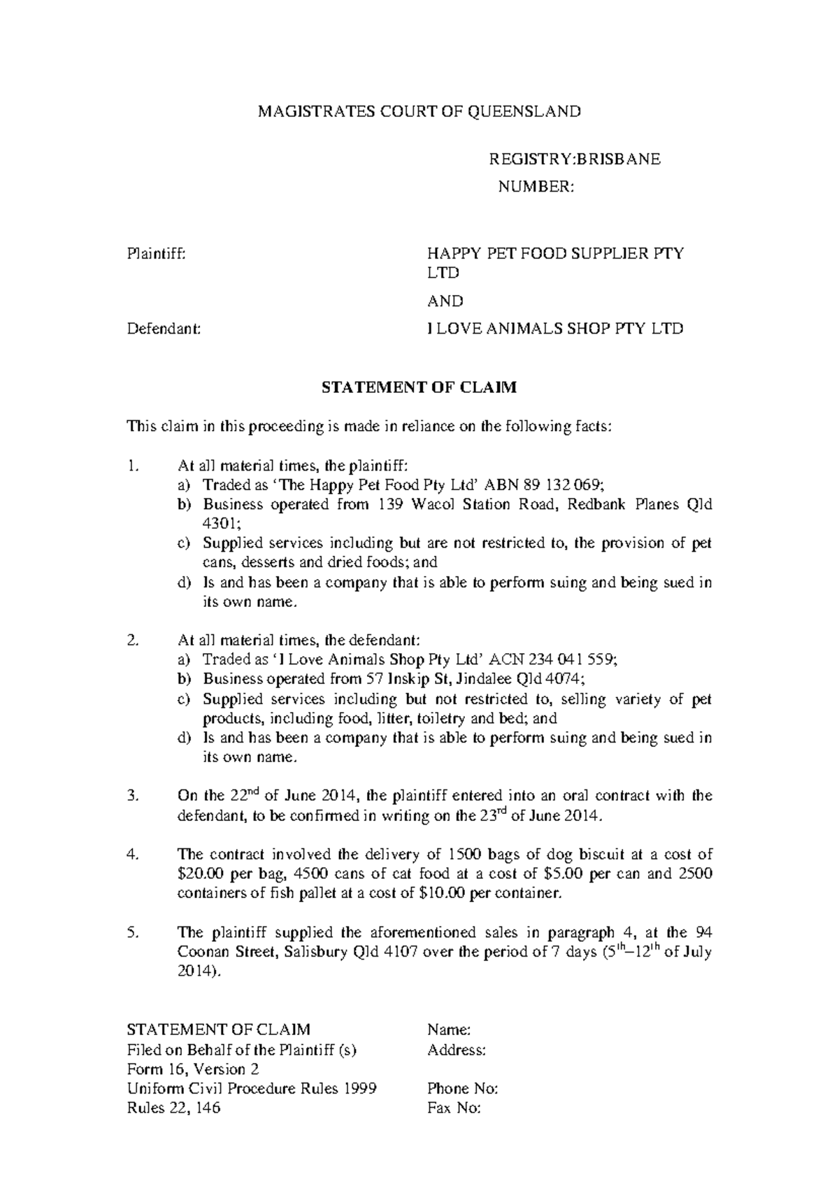 Statement of Claim: Happy Pet Food Supplier Pty Ltd v. I Love Animals ...