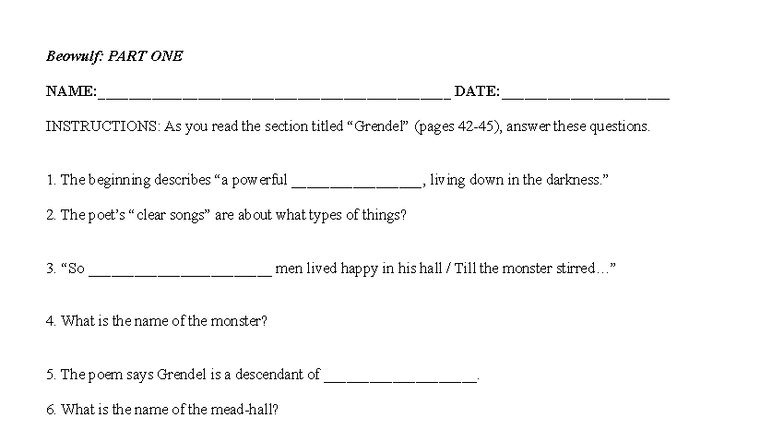 Beowulf: Comprehensive Question Guide for Analysis - Studocu